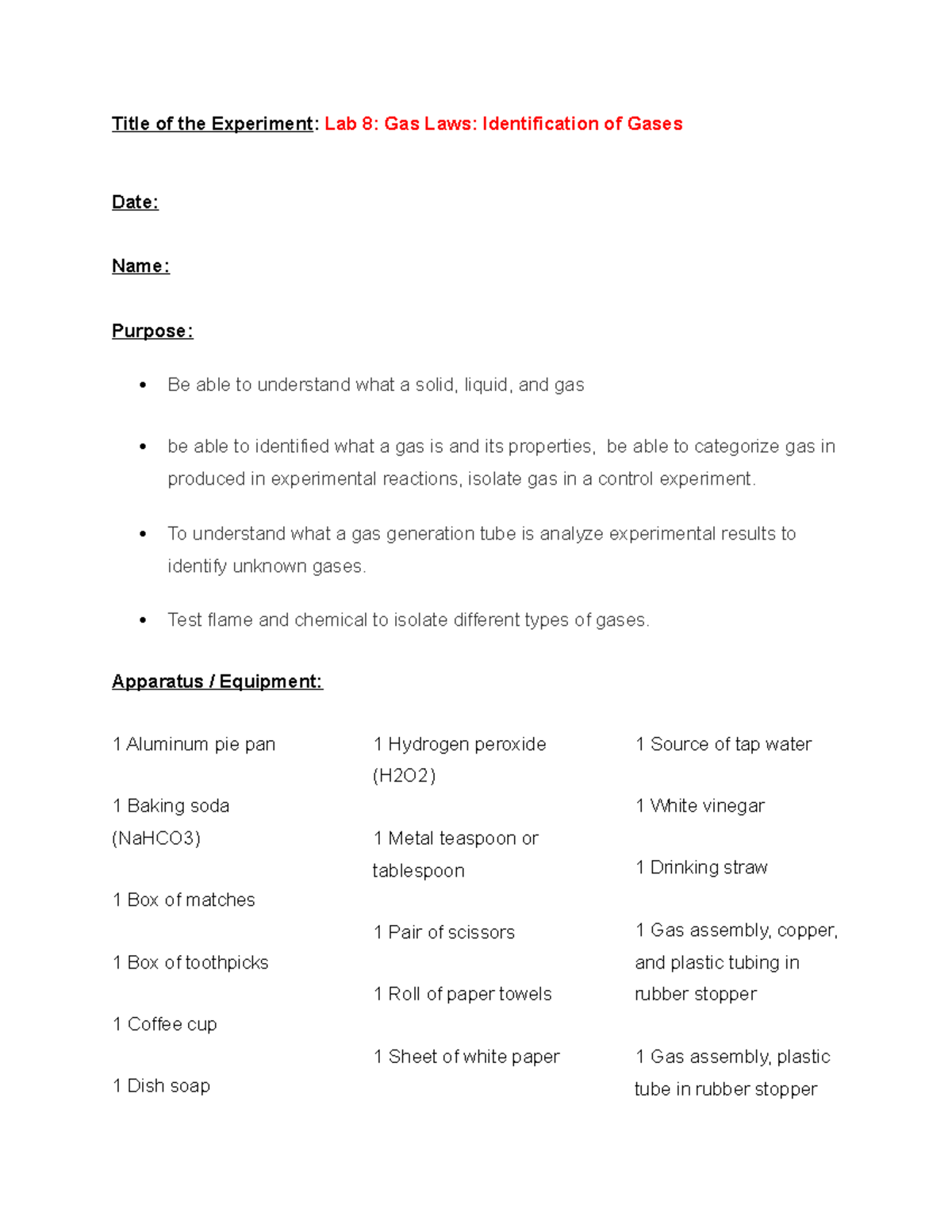 Gas Laws- Identification of Gases - Title of the Experiment: Lab 8: Gas ...