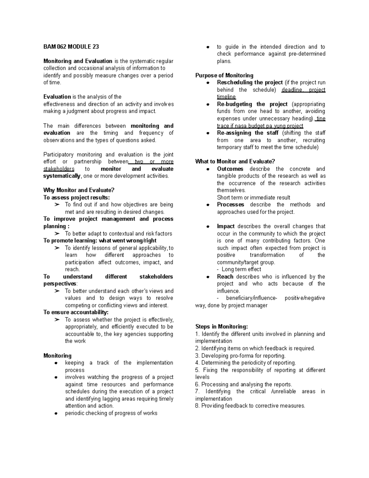 Reviewer - BAM 062 MODULE 23 Monitoring and Evaluation is the ...