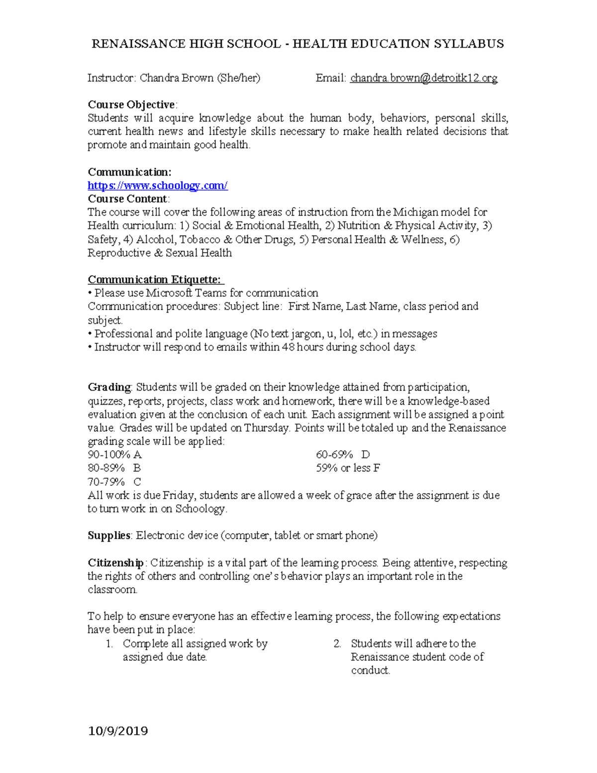 Health spring 2023 syllabus - RENAISSANCE HIGH SCHOOL - HEALTH ...