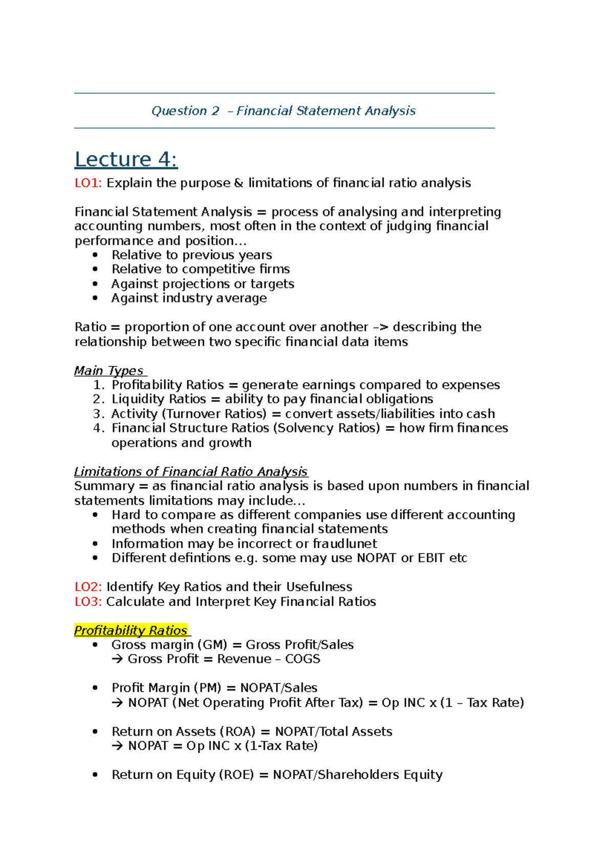 COMM1140 - Q2 Notes - Question 2 – Financial Statement Analysis Lecture ...