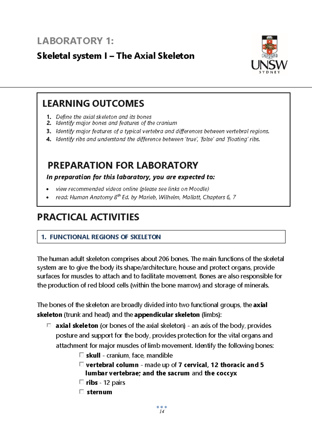 Lab 1 and 2 - Skeletal system - LABORATORY 1: Skeletal system I – The ...