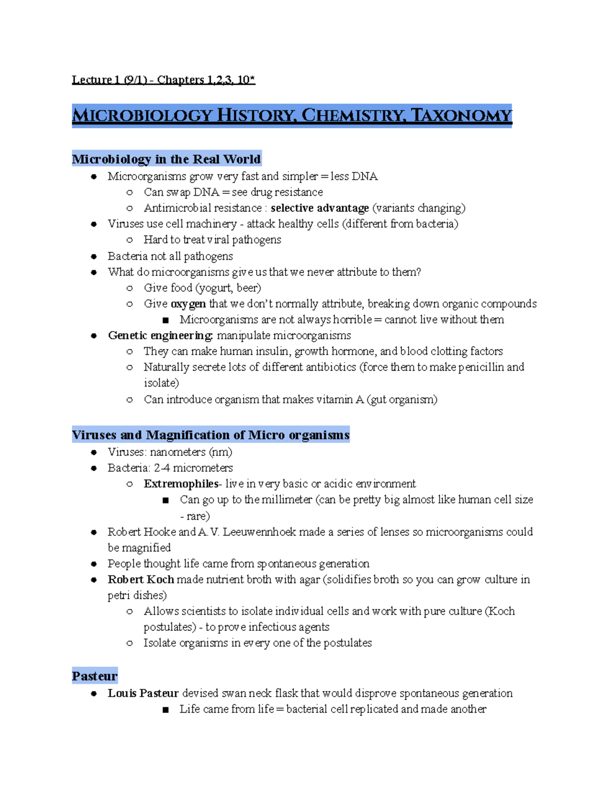 microbio lecture 1 - Lecture 1 (9/1) - Chapters 1,2,3, 10* Microbiology ...
