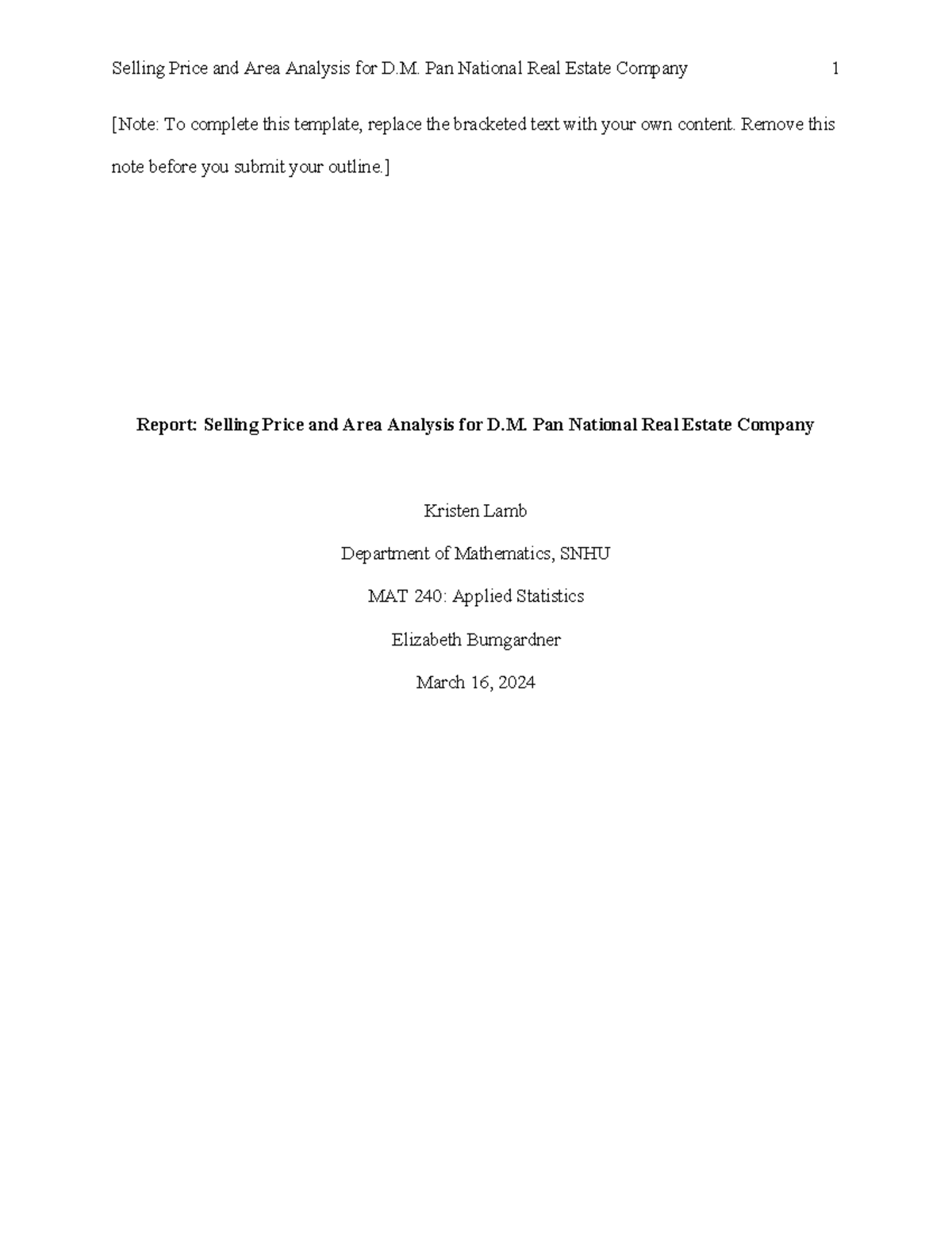 MAT 240 Module Two Assignment Template - Selling Price and Area ...