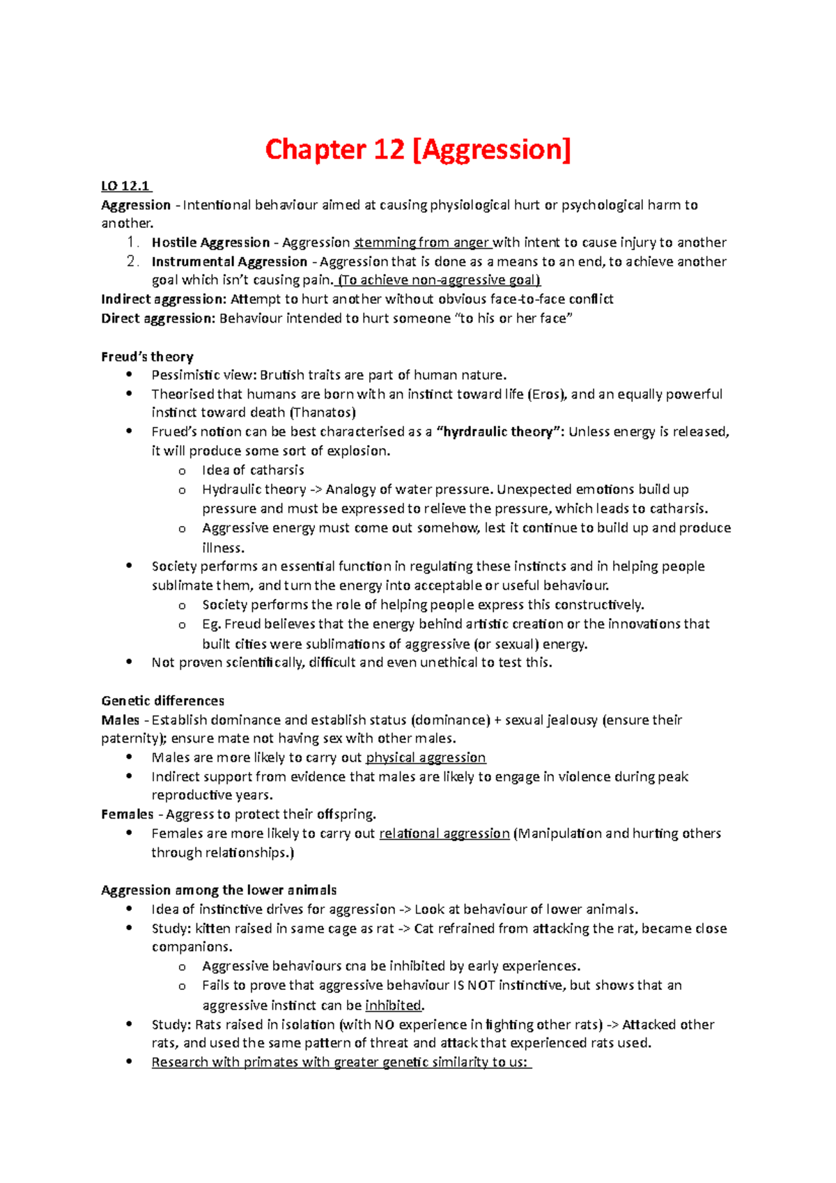 Chapter 12 - Chapter 12 [Aggression] LO 12. Aggression - Intentional behaviour aimed at causing ...