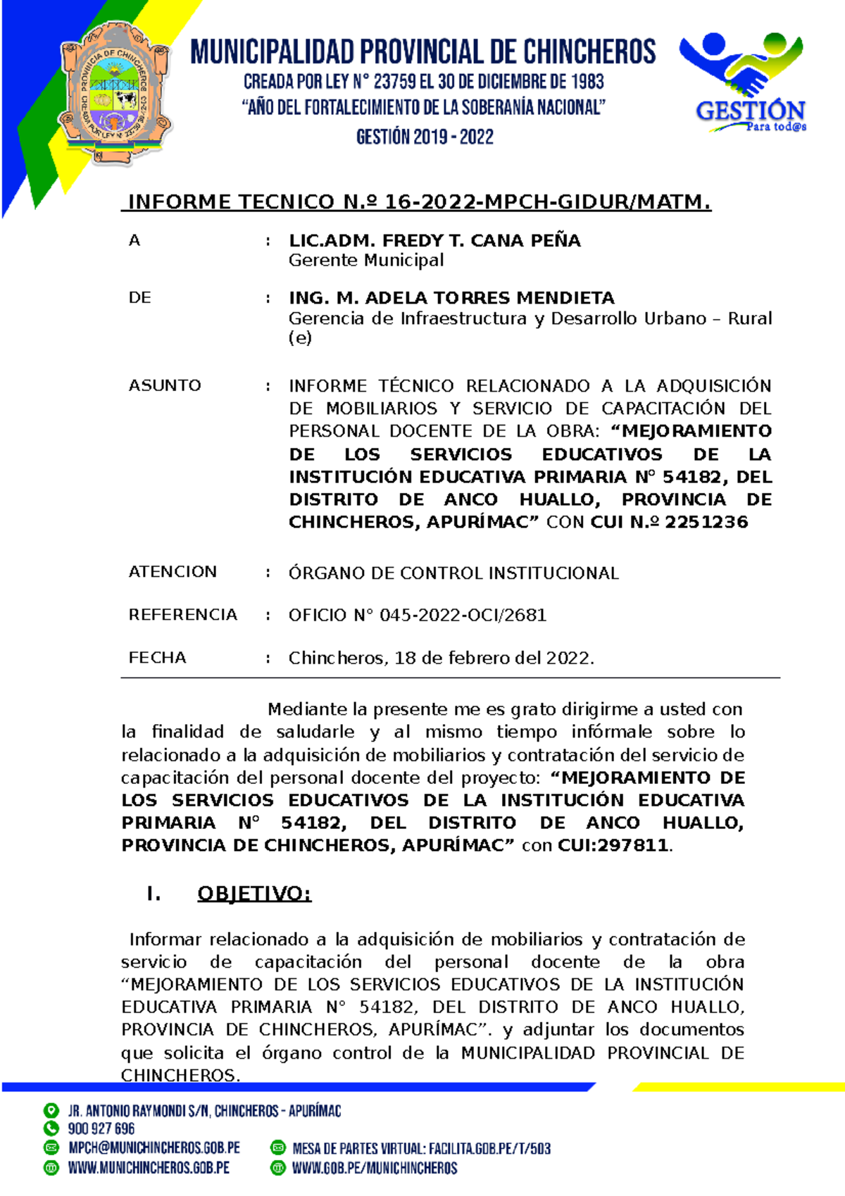 Informe Tecnico N° 12 Mobiliario - INFORME TECNICO N.º 16-2022-MPCH ...