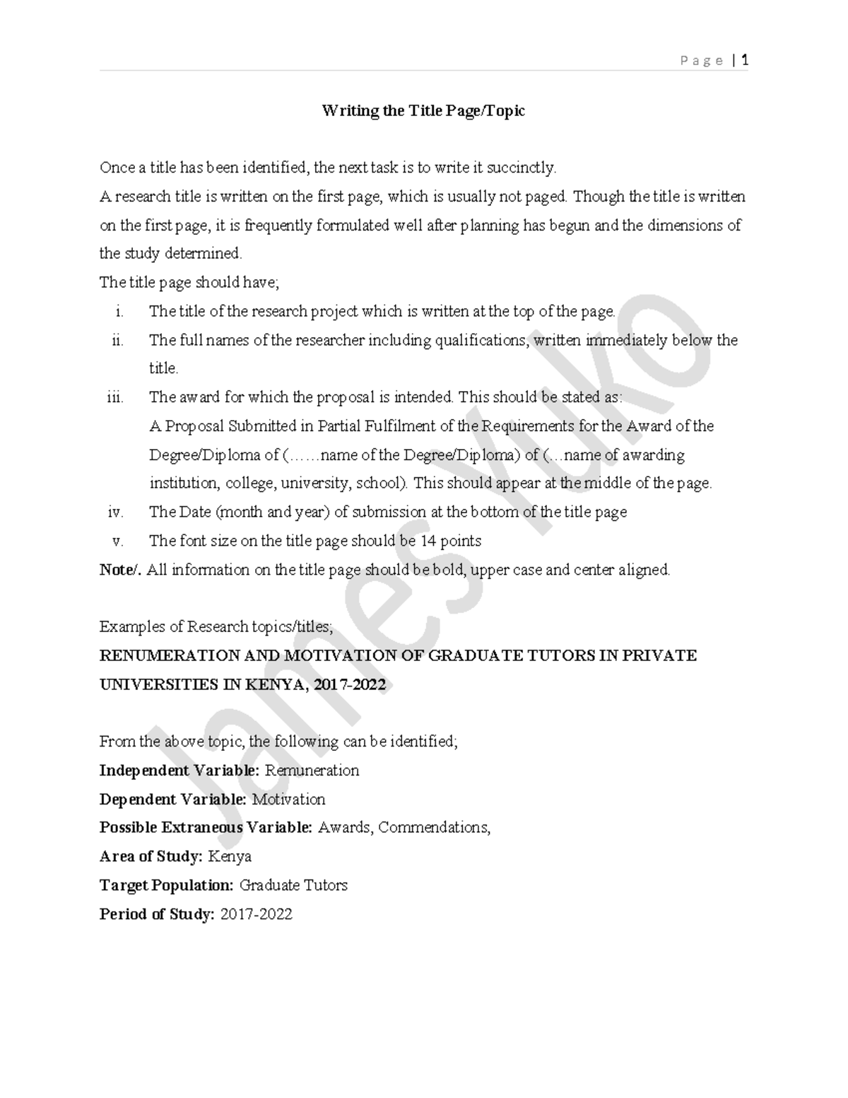 Notes Writing a Research Topic Title Page - P a g e | 1 Writing the ...