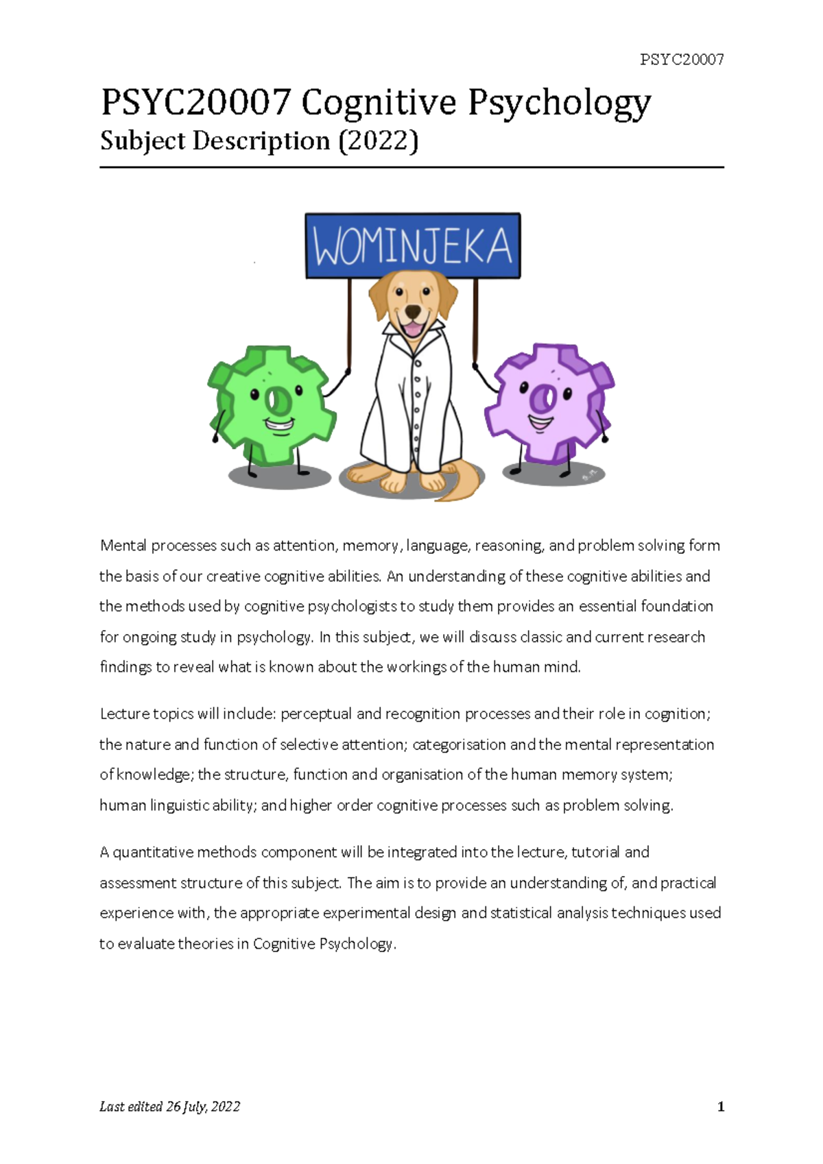 PSYC2000 7 Subject Description 2022 - PSYC20007 Cognitive Psychology ...