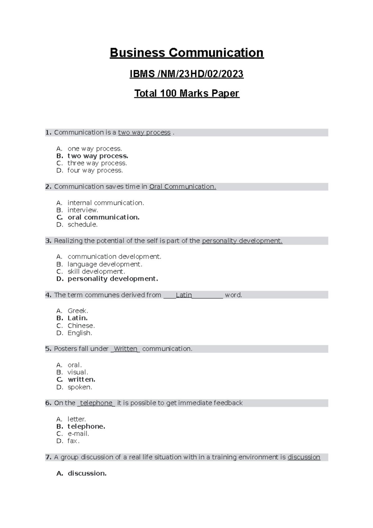 Business Communication Paper - Business Communication IBMS /NM/23HD/02 ...