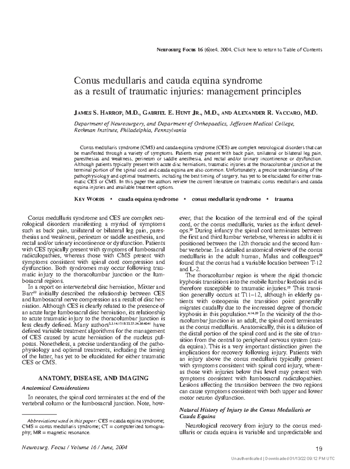 [10920684 - Neurosurgical Focus] Conus medullaris and cauda equina ...
