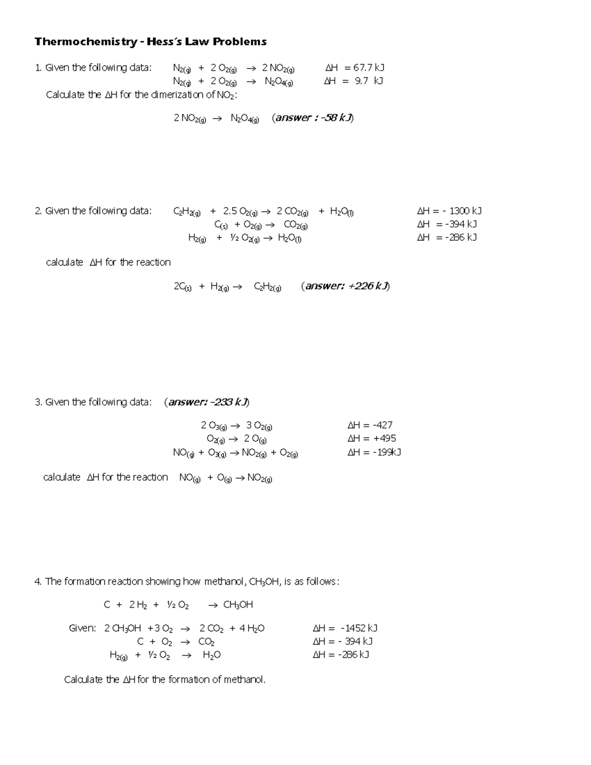 Hess law indirect problems 1213 - Thermochemistry - Hess’s Law Problems ...