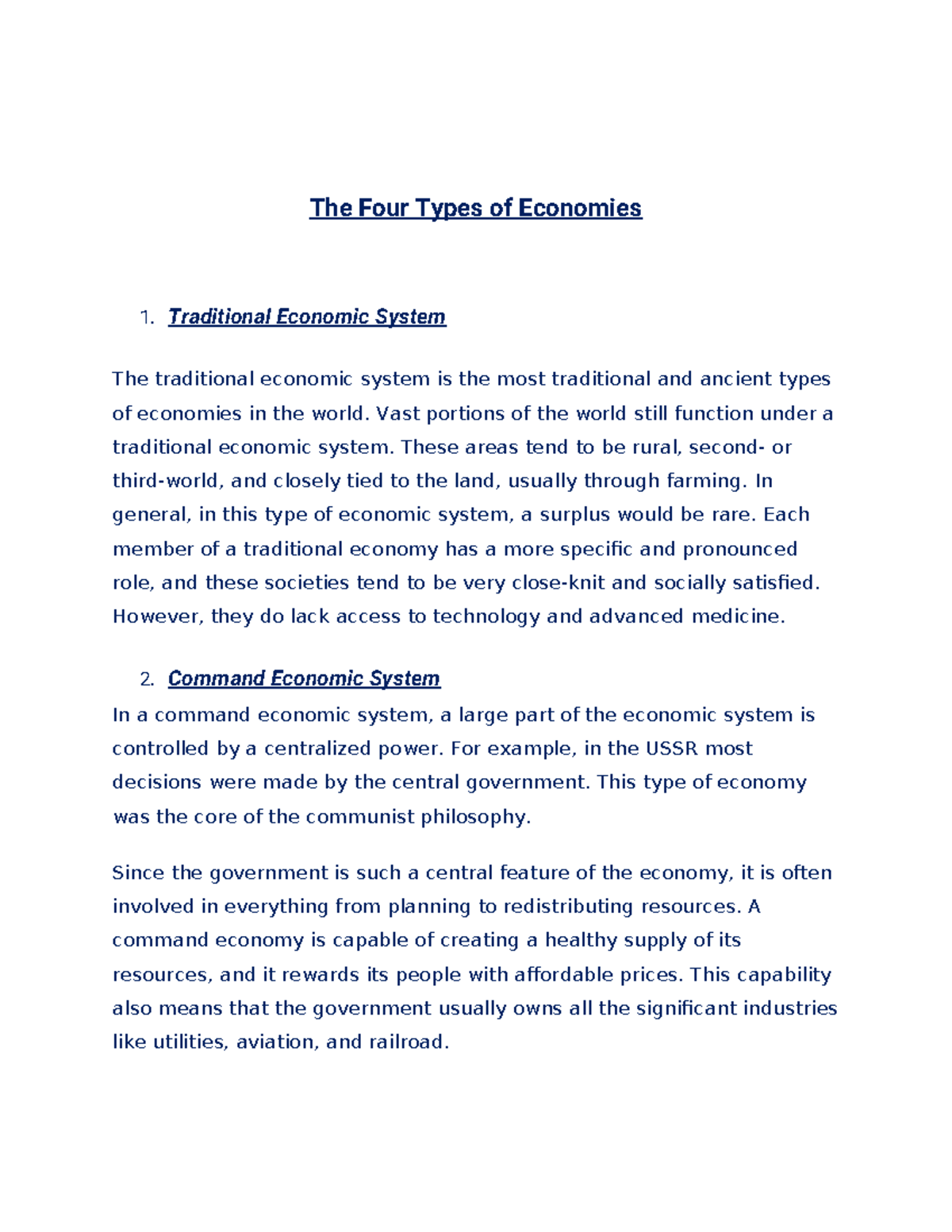The Four Types of Economies - Traditional Economic System The ...
