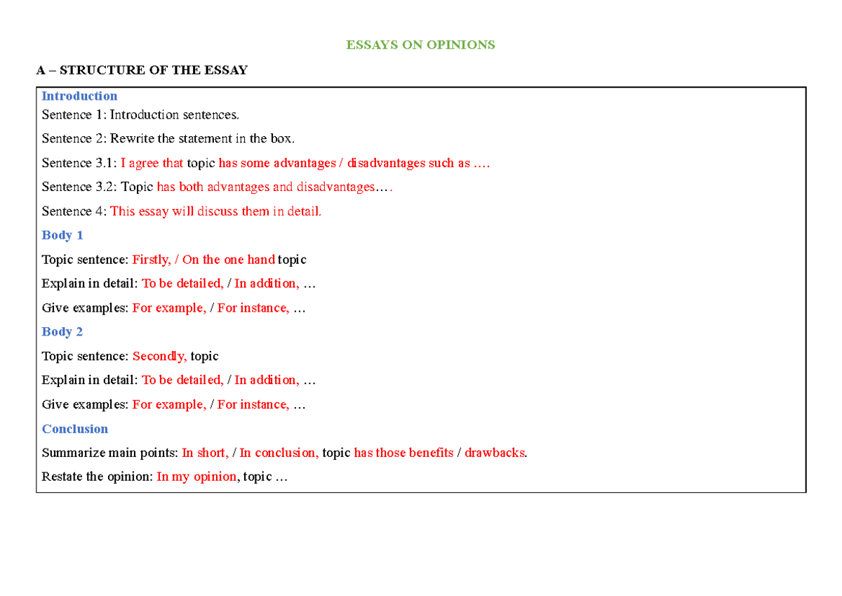 Writing TASK 2 - Essays ON Opinions - ESSAYS ON OPINIONS A – STRUCTURE ...