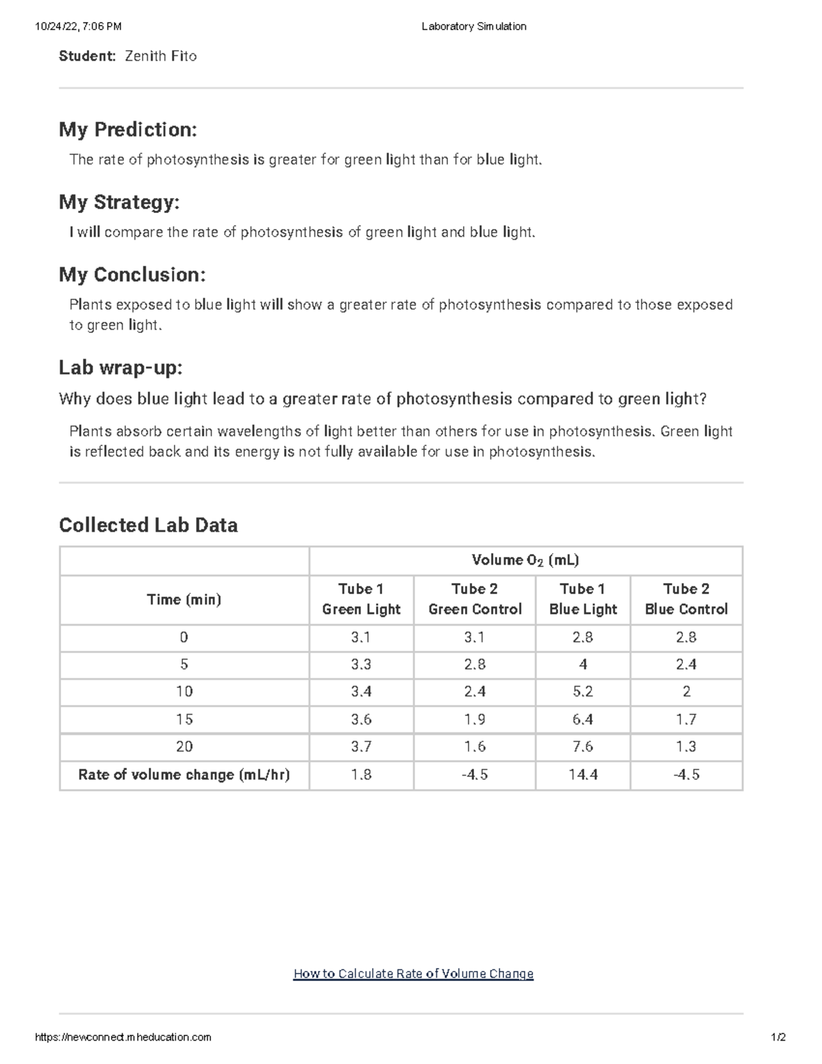 Photosynthesis - Comparing Green and Blue Light - 10/24/22, 7:06 PM Laboratory Simulation ...