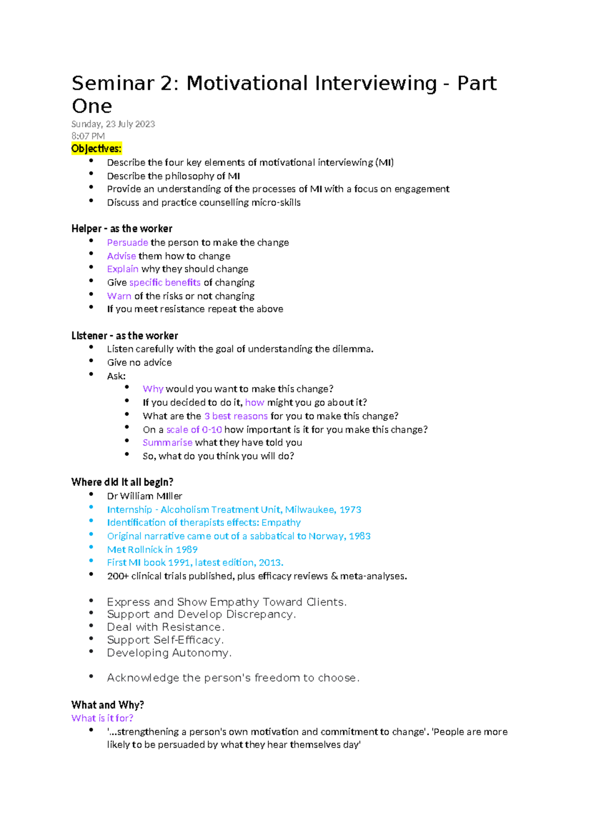 Motivational Interviewing Notes - Seminar 2: Motivational Interviewing ...