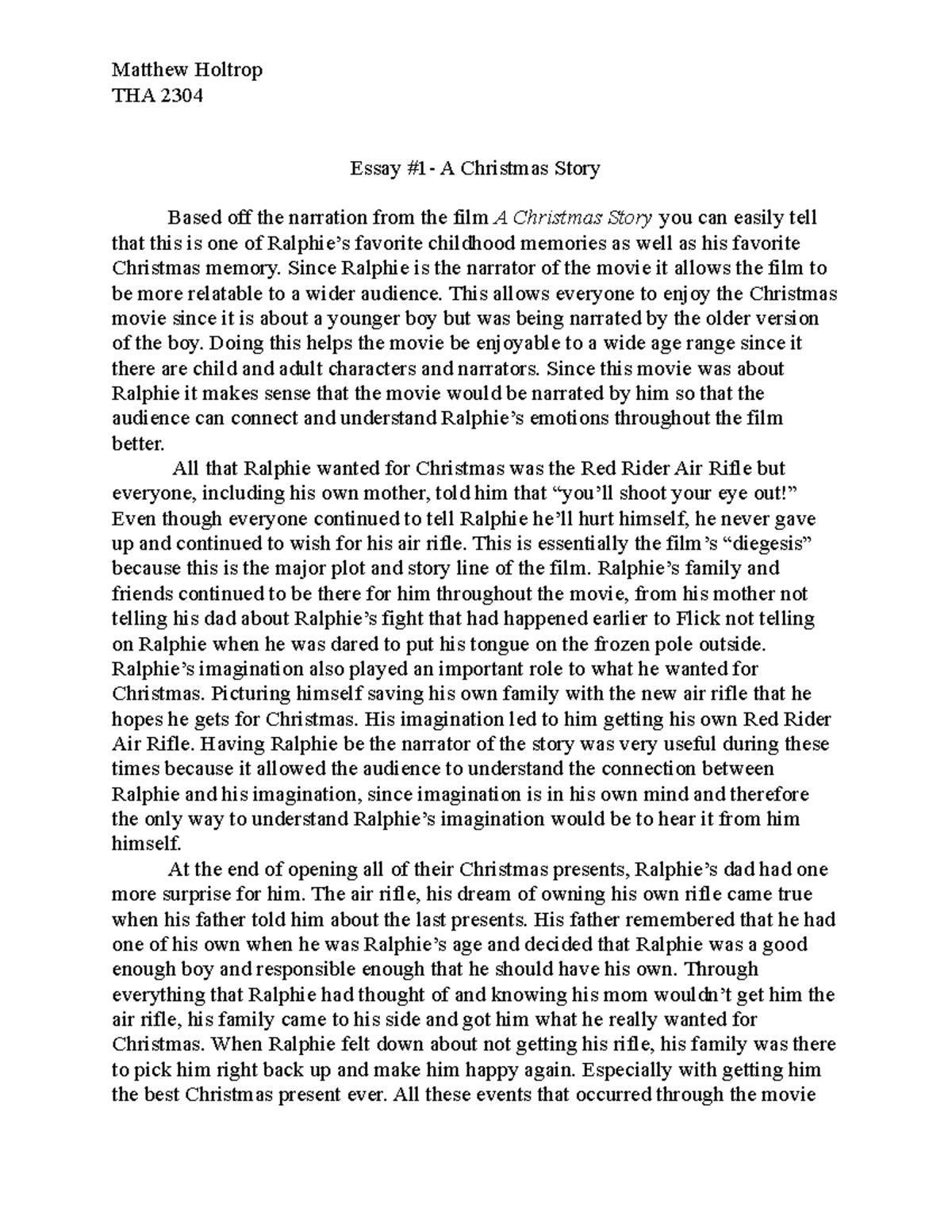 Essay 1 - A - Matthew Holtrop THA 2304 Essay #1- A Christmas Story ...