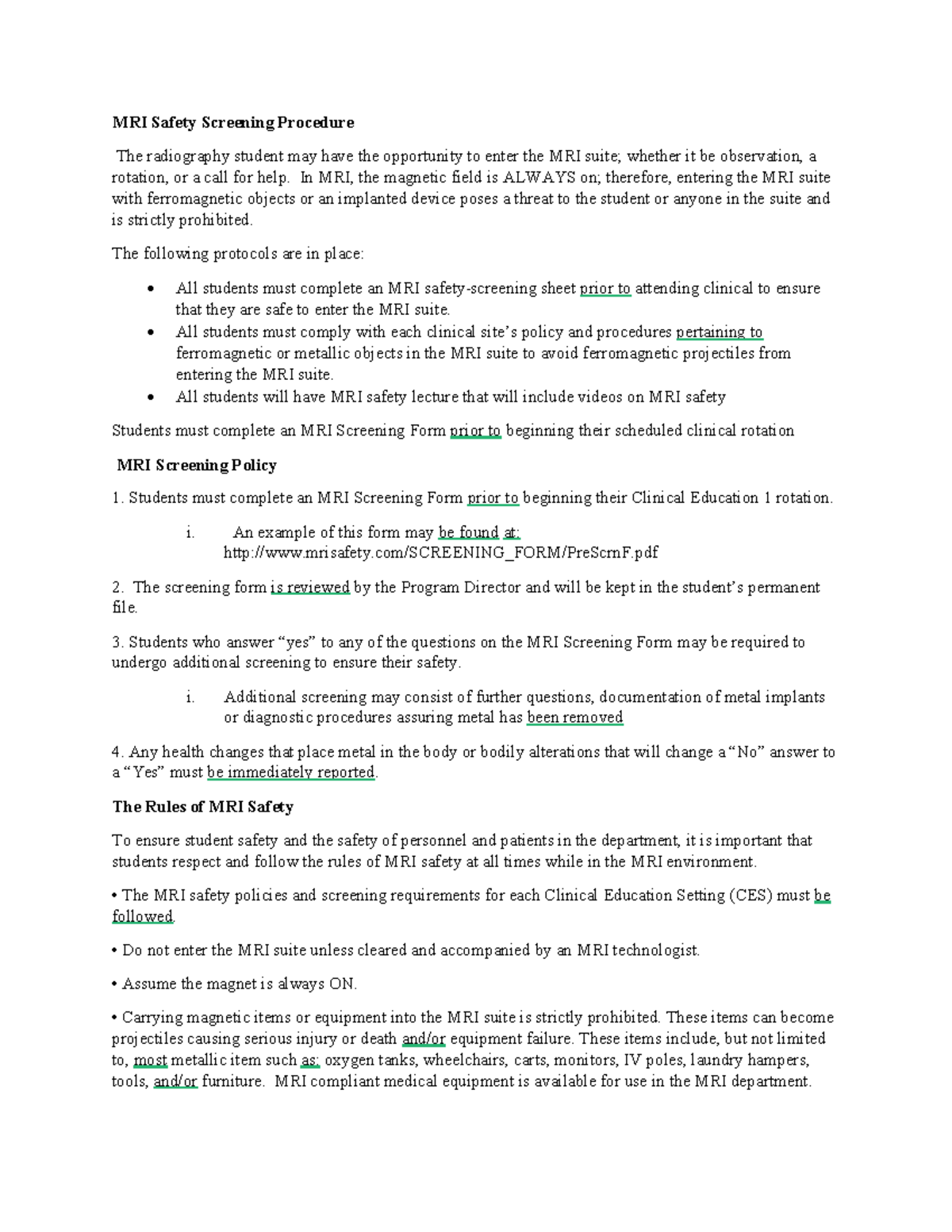 MRI Safety Screening Policy and Procedures (APSU - MRI Safety Screening ...