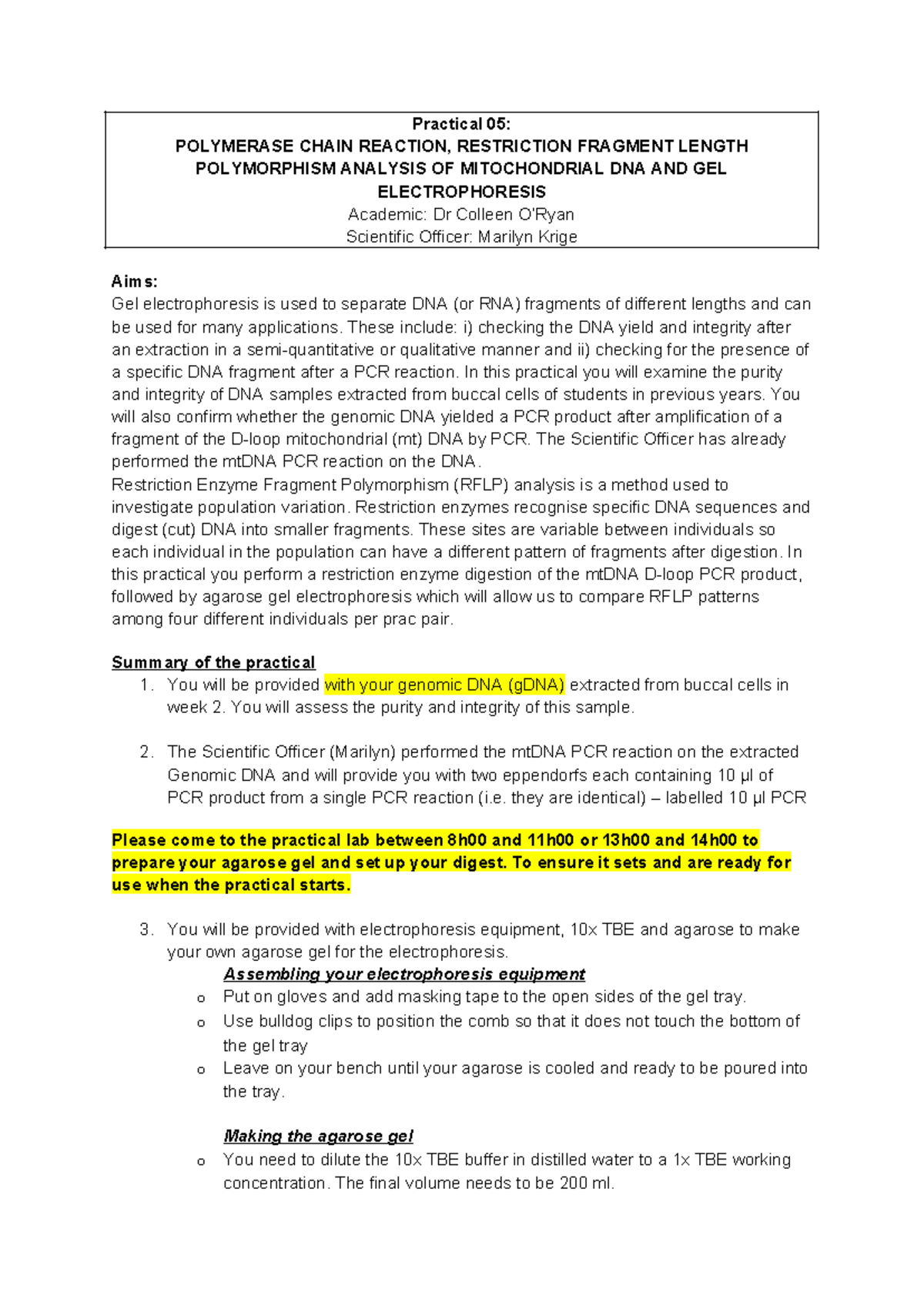 MCB2020F Practical 5 RFLP - Practical 05: POLYMERASE CHAIN REACTION ...