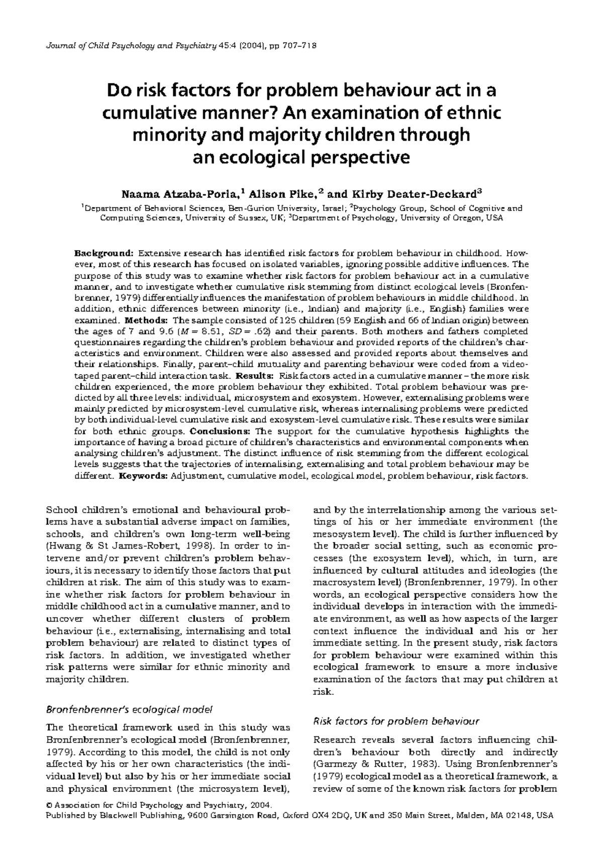Child Psychology Psychiatry - 2004 - Atzaba%E2%80%90Poria - Do risk ...