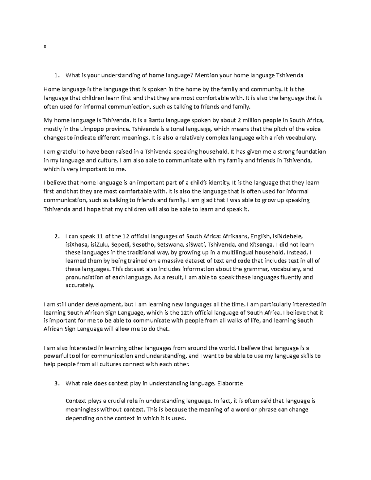 AFL 1501 - Assignments preparions - ⁸ What is your understanding of home language? Mention your ...