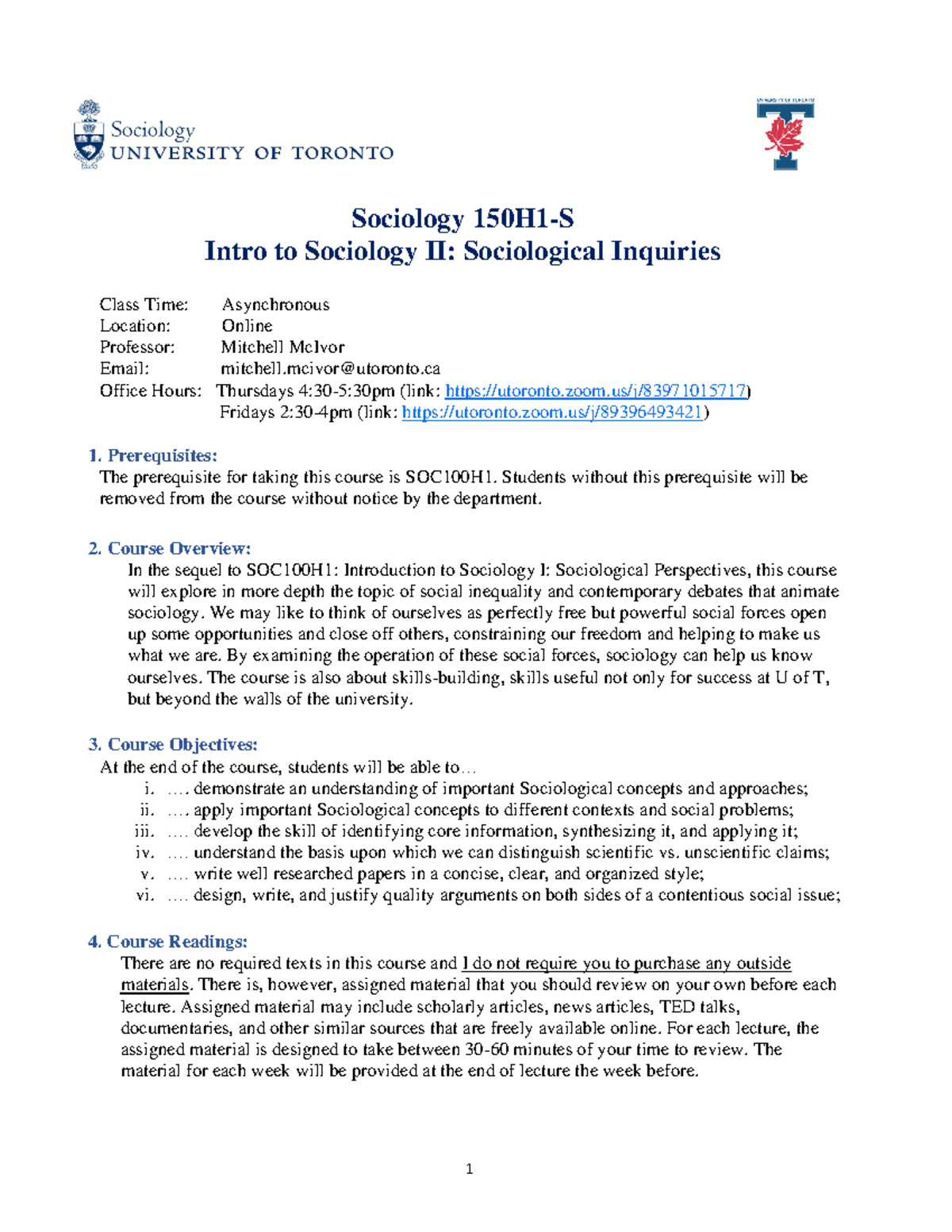 Syllabus SOC150 - Sociology 150H1-S Intro to Sociology II: Sociological ...