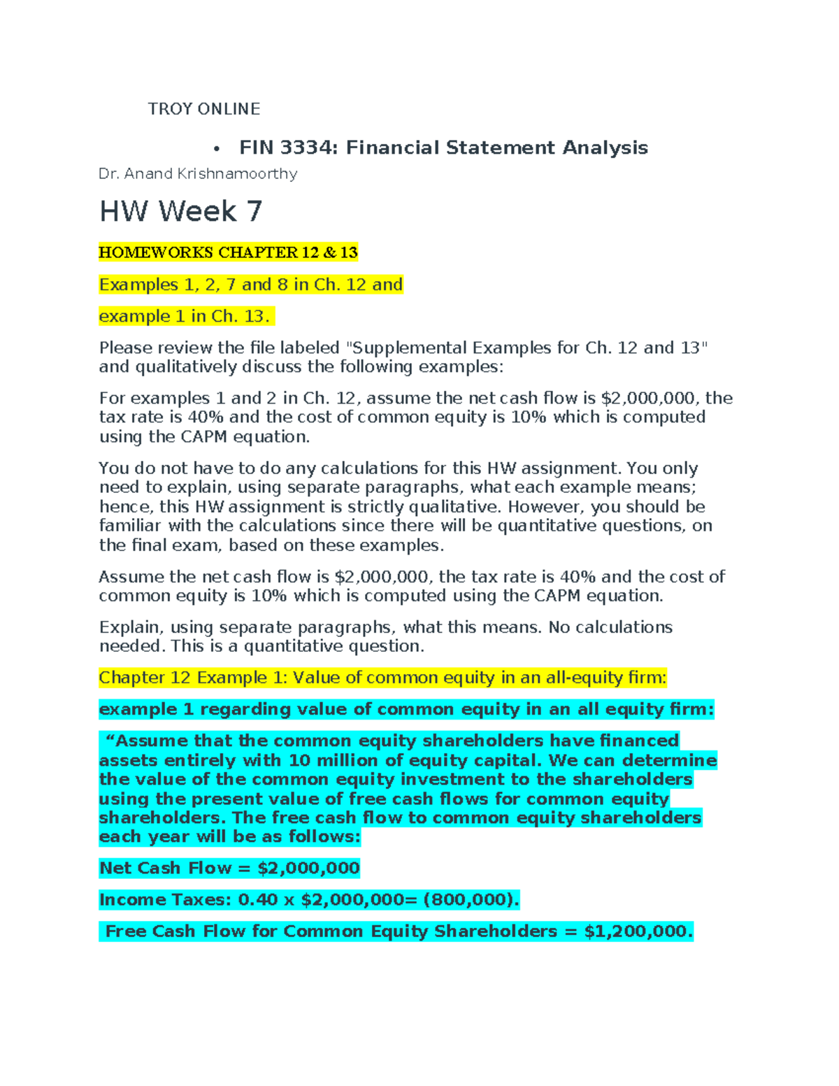 FIN 3334 Chapter 12 13 homework - TROY ONLINE FIN 3334: Financial ...