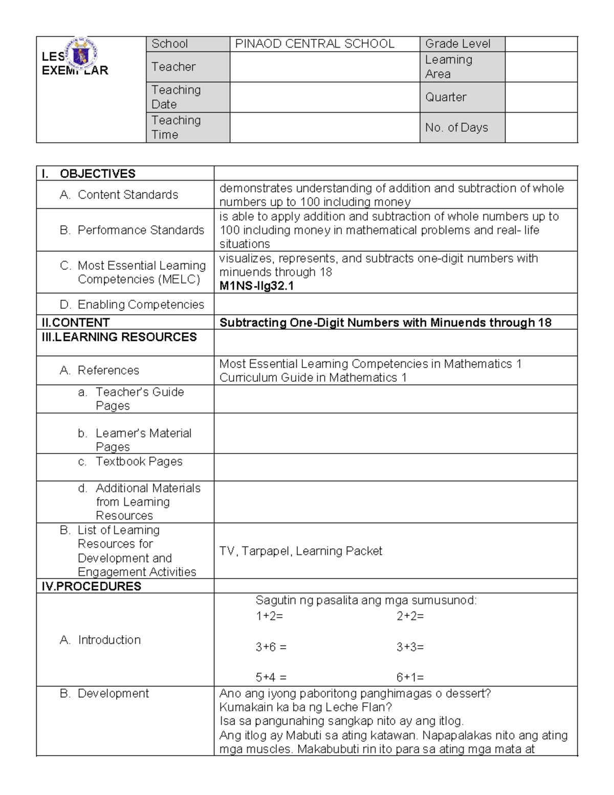 COT-2022-MATH-3RD- Quarter-MELC - LESSON EXEMPLAR School PINAOD CENTRAL ...