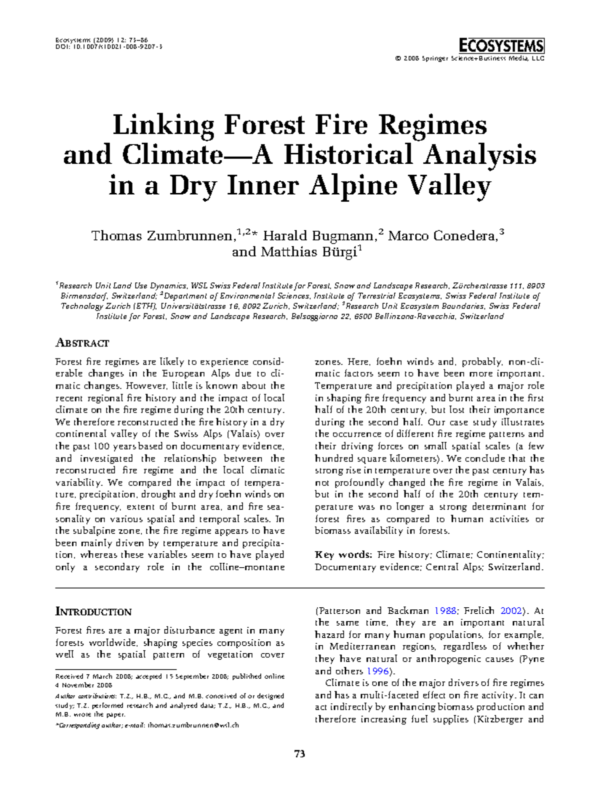 Zumbrunnen 2009 Article Linking Forest Fire Regimes And Cli - Linking ...