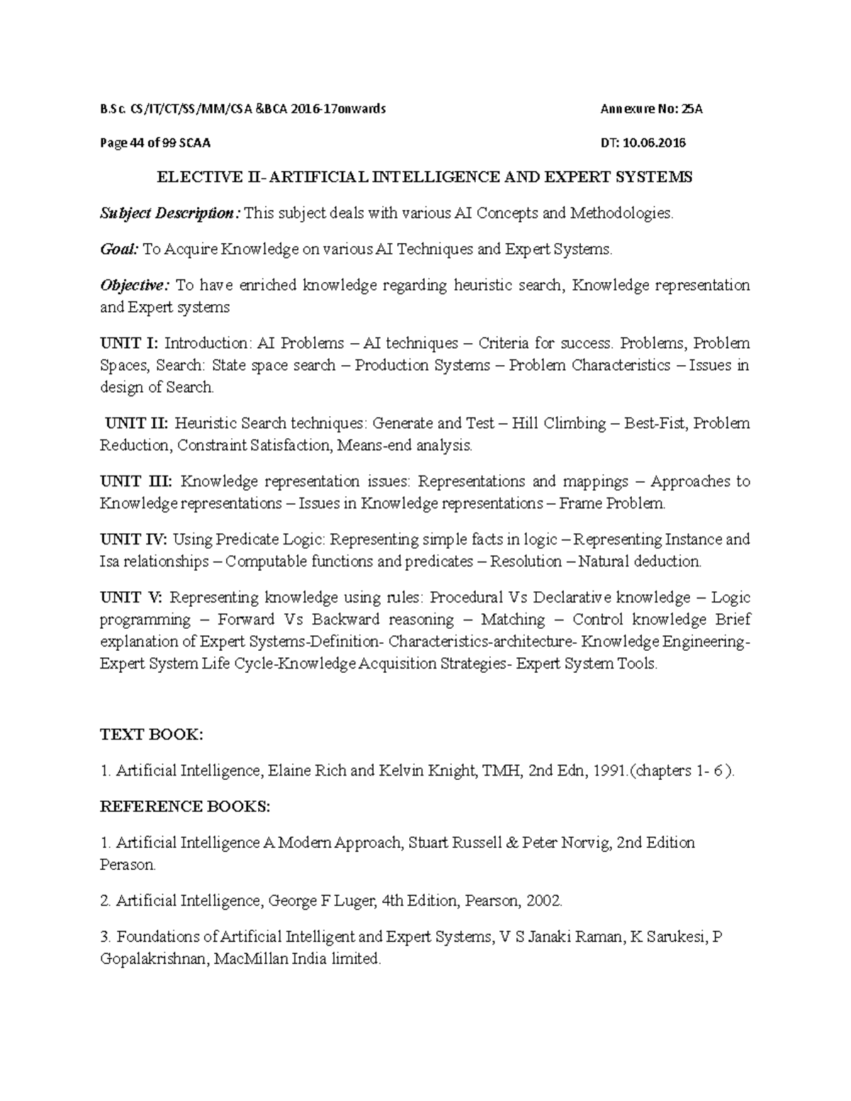 Artificial Intelligence - B. CS/IT/CT/SS/MM/CSA &BCA 2016-17onwards ...