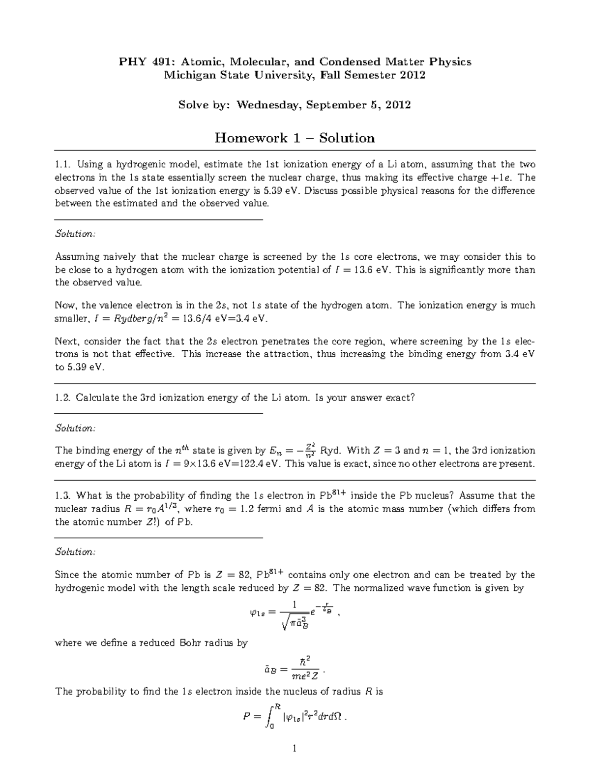Seminar assignments - Homework exercise 1 - 5 and solutions - PHY 491 ...