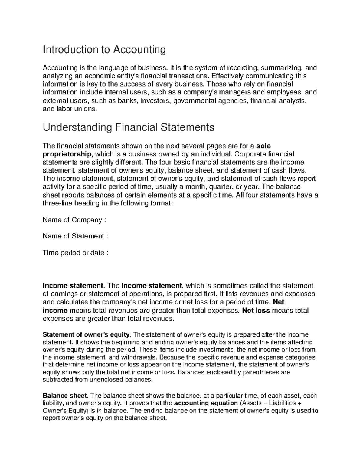 Introduction to Accounting - Introduction to Accounting Accounting is ...