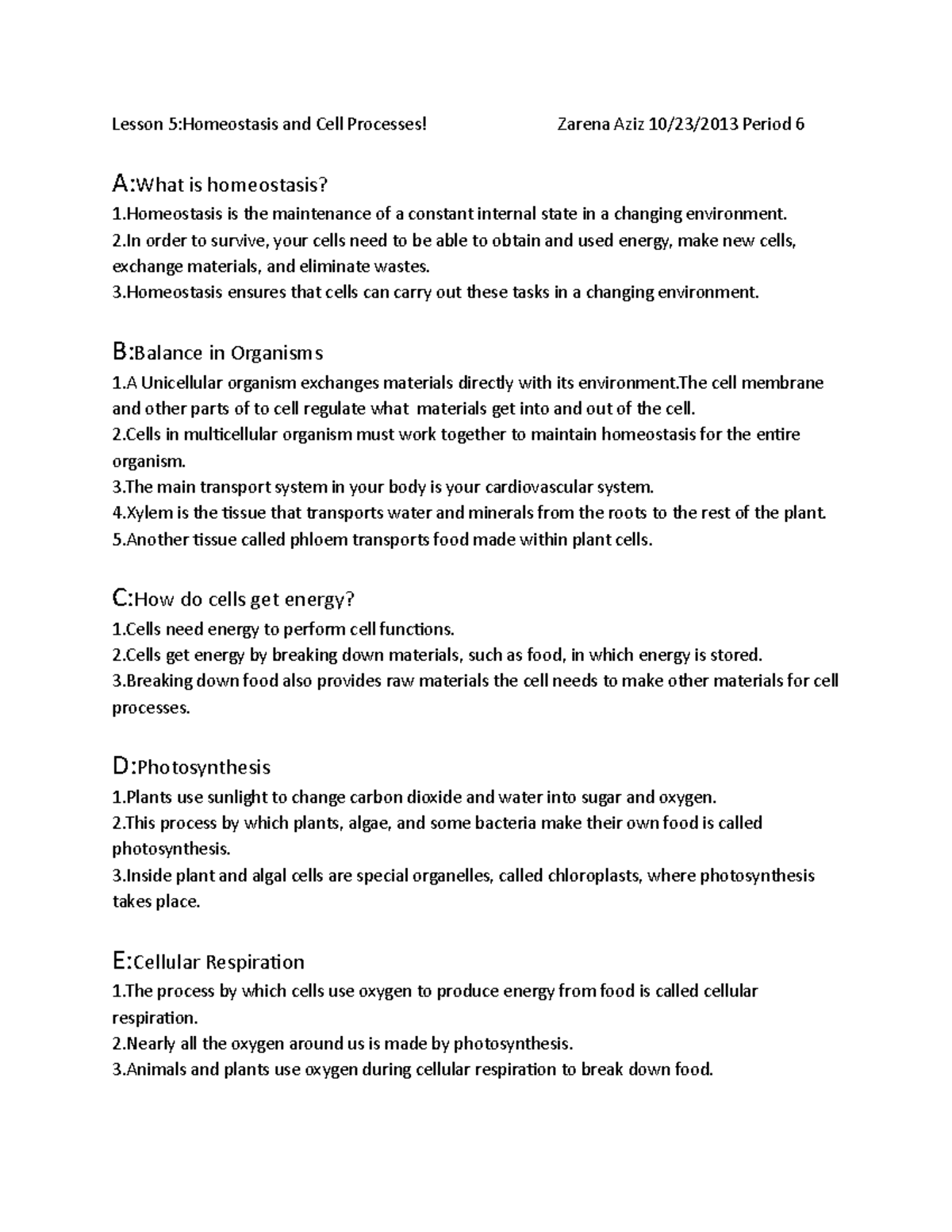Science outline 2.5 unit 2 lesson 5 Homeostasis and Cell Processes ...