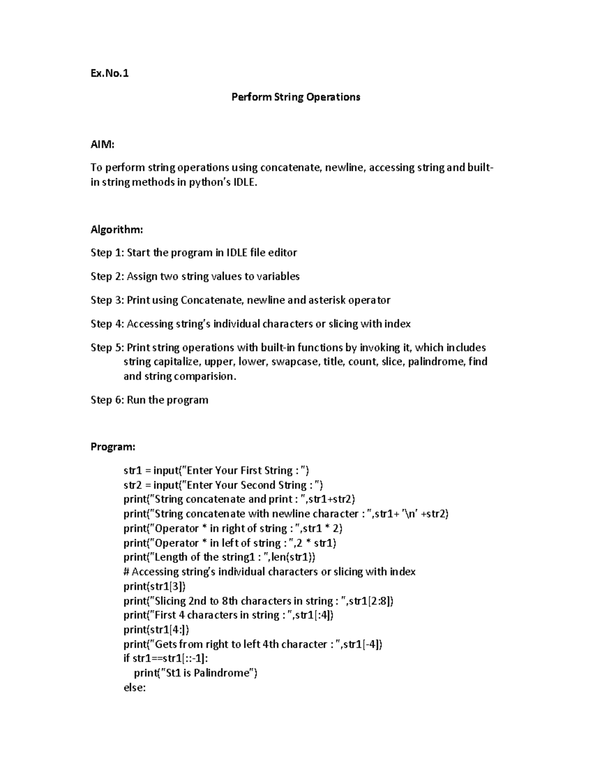 Py-1 - BB. J - Ex. Perform String Operations AIM: To perform string operations using concatenate ...