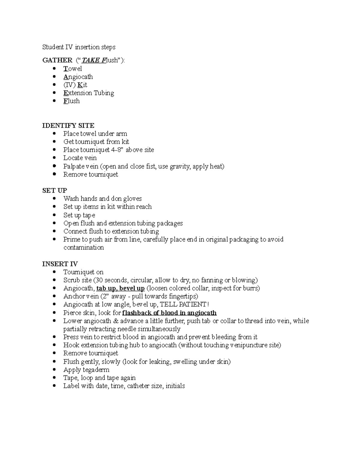 Student IV insertion steps - Student IV insertion steps GATHER (“ TAKE ...