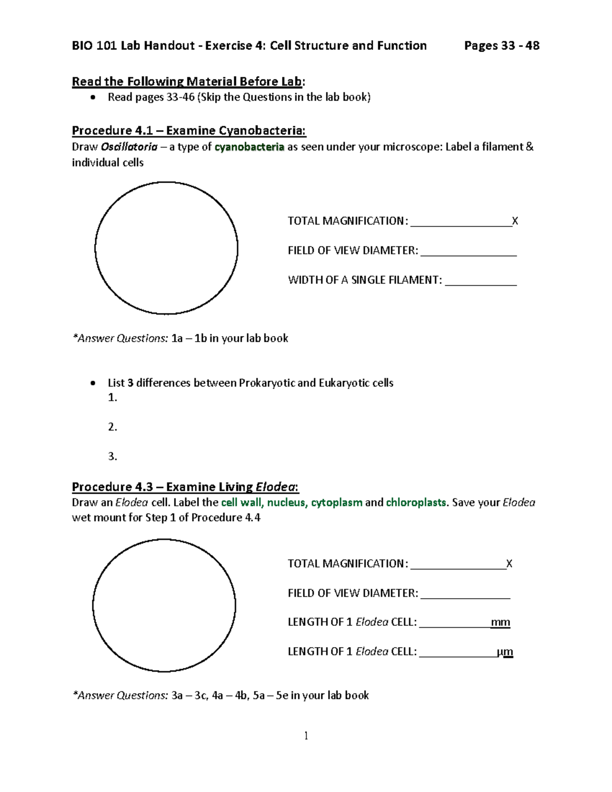 Cell handout f17 - BIO 101 Lab Handout - Exercise 4: Cell Structure and Function Pages 33 - 48 1 ...