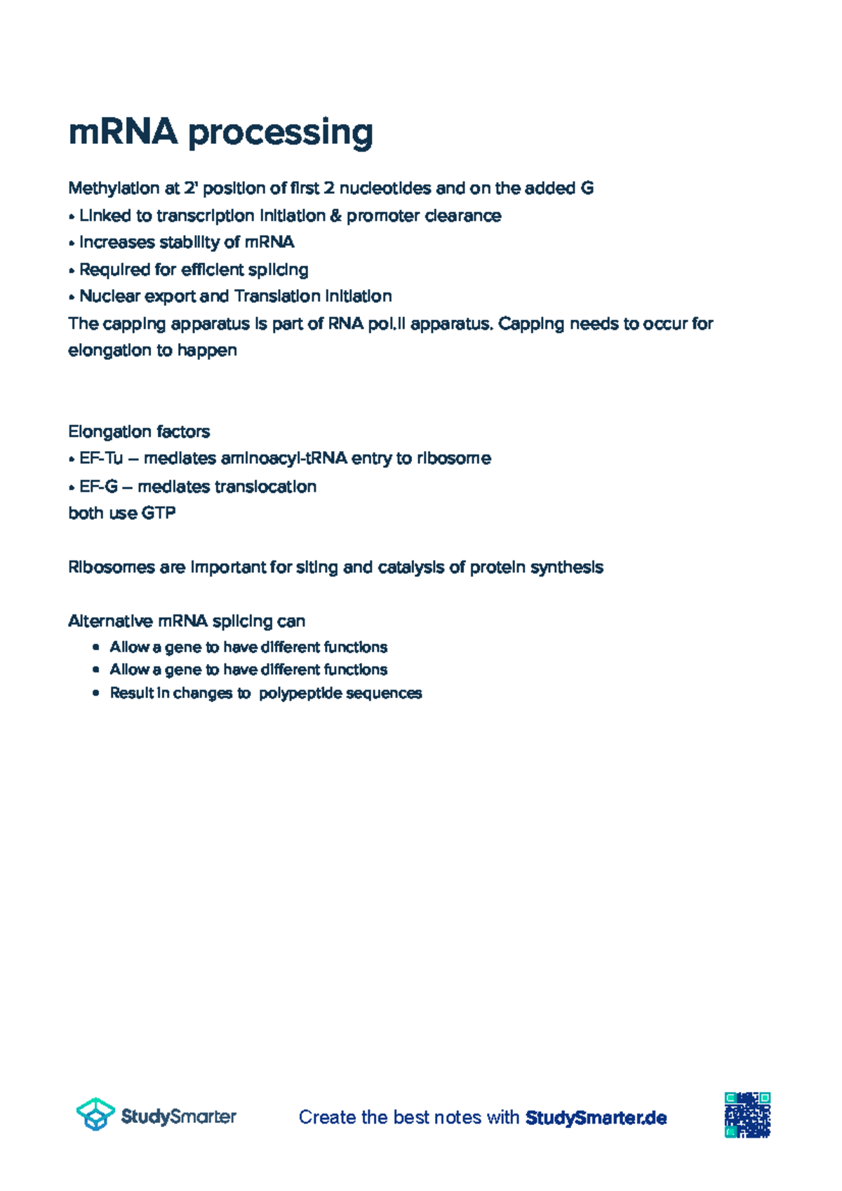 M RNA processing- mol bio first year - Create the best notes with ...