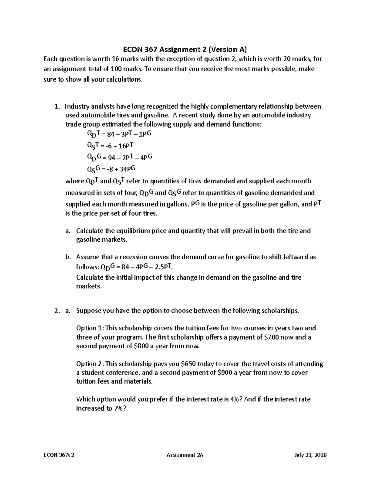 ECON 367v2 Assignment 2A - To ensure that you receive the most marks ...