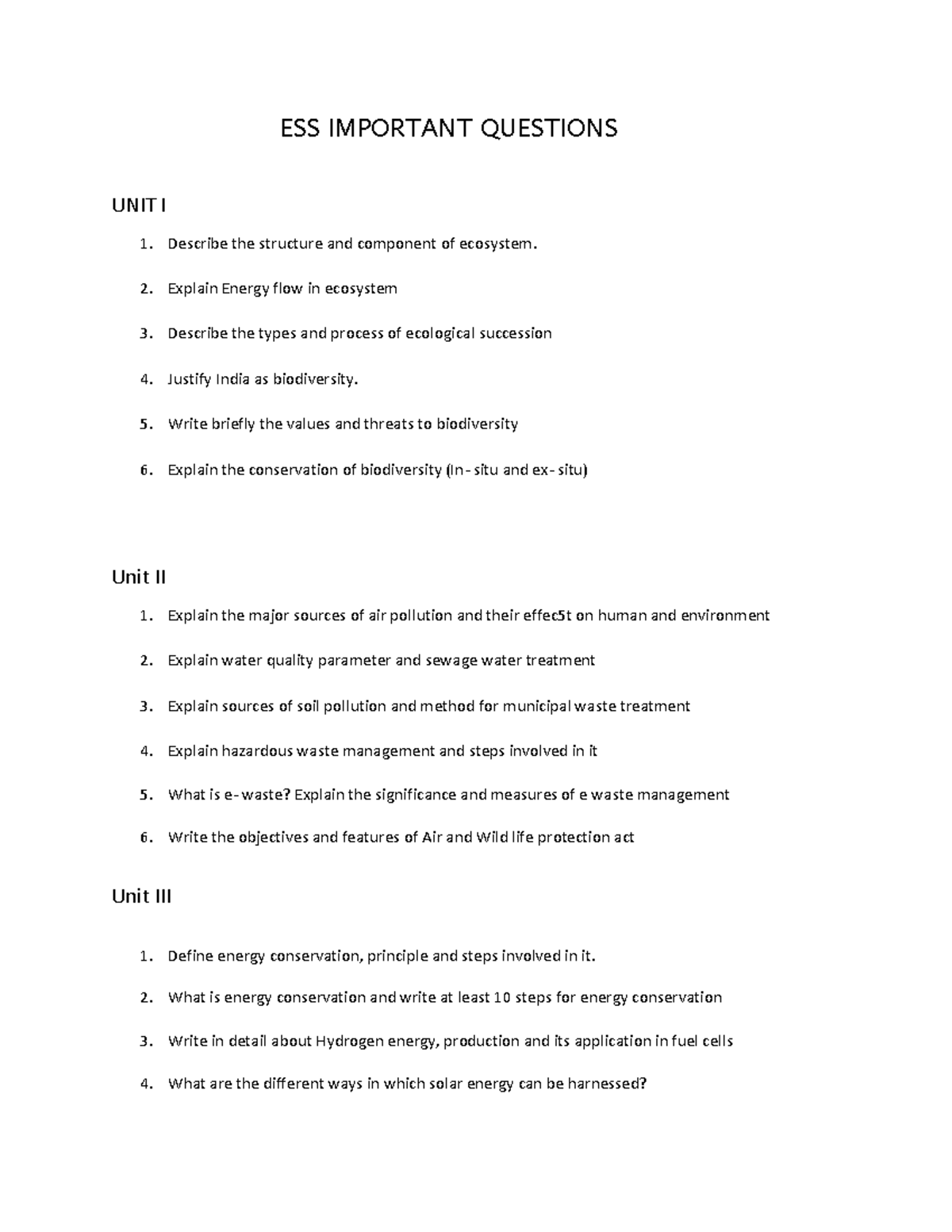 ESS Important Questions - ESS IMPORTANT QUESTIONS UNIT I Describe the ...