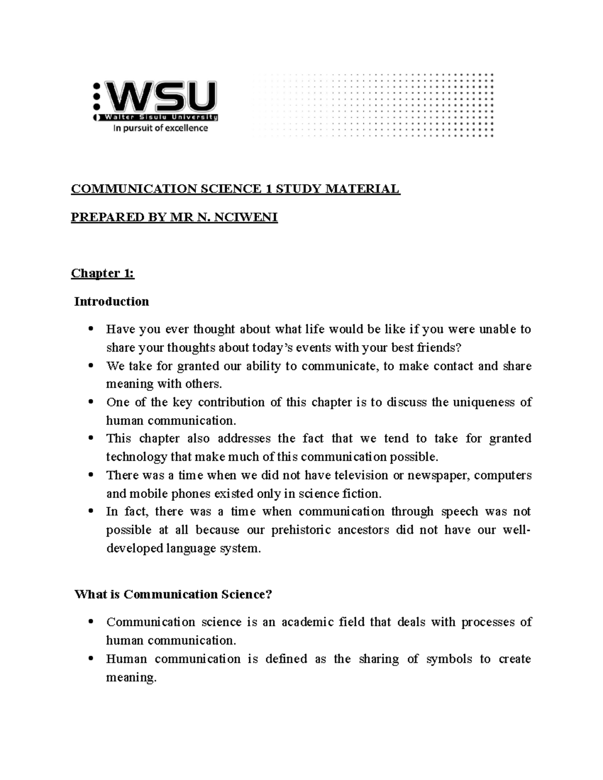 Communication Science 1 - COMMUNICATION SCIENCE 1 STUDY MATERIAL ...