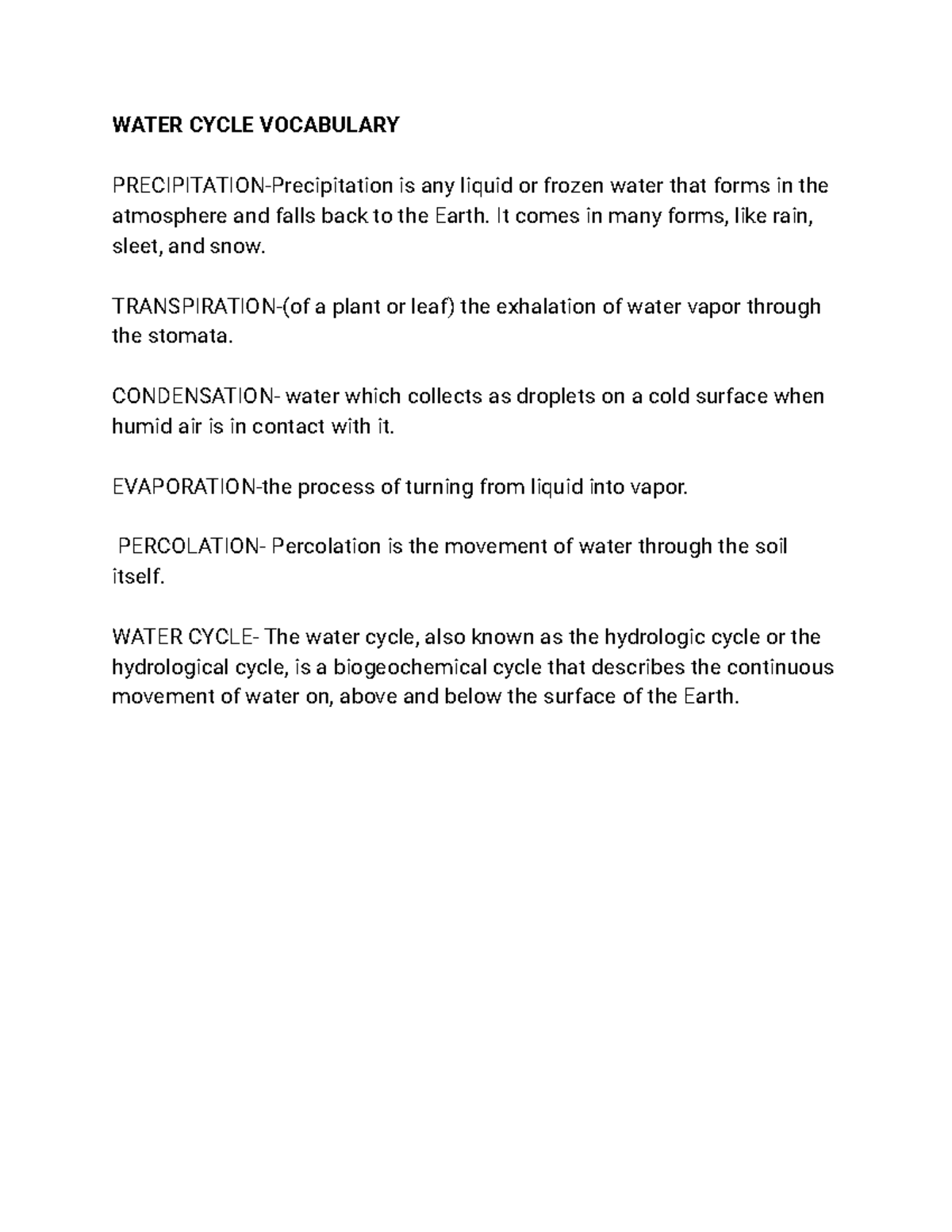 Water Cycle Vocabulary Definitions at John Wardle blog