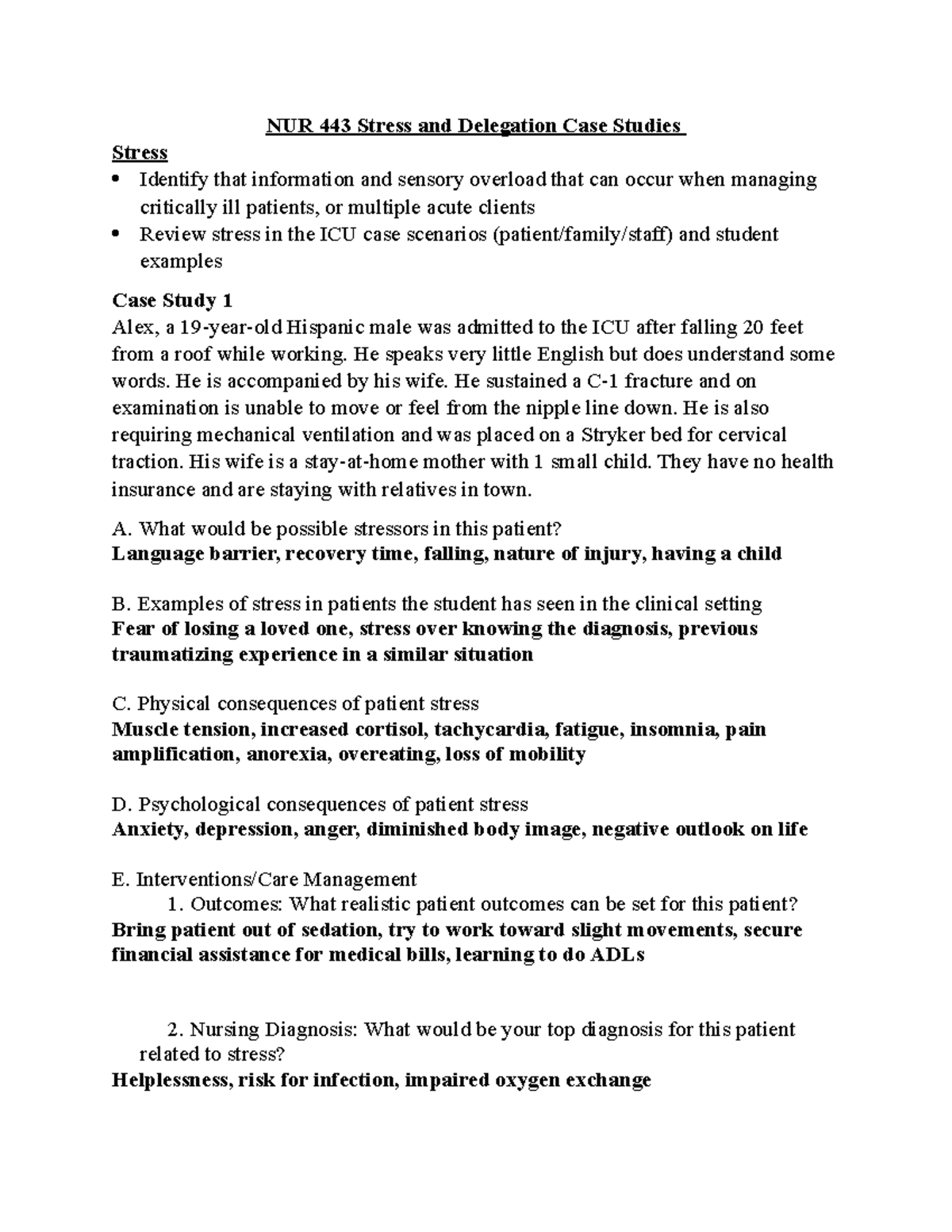 Stress and Delegation Case Studies - NUR 443 Stress and Delegation Case ...