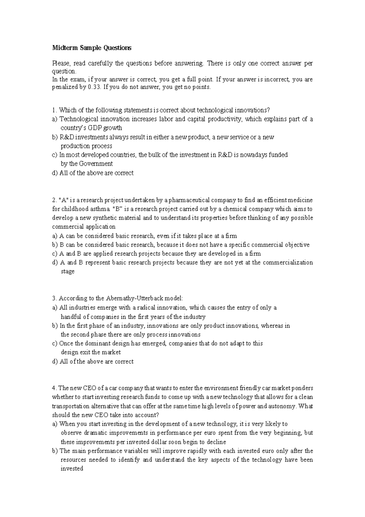Midterm Sample Questions Innovation - Midterm Sample Questions Please, read carefully the ...