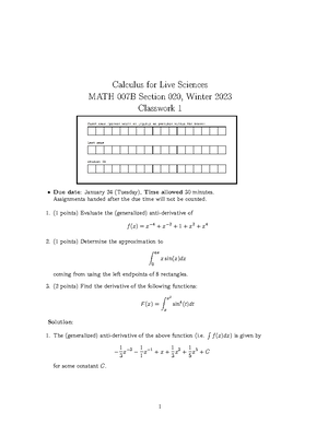 Math07b classwork 4 solution - Calculus for Live Sciences MATH 007B Section 020, Winter 2023 ...