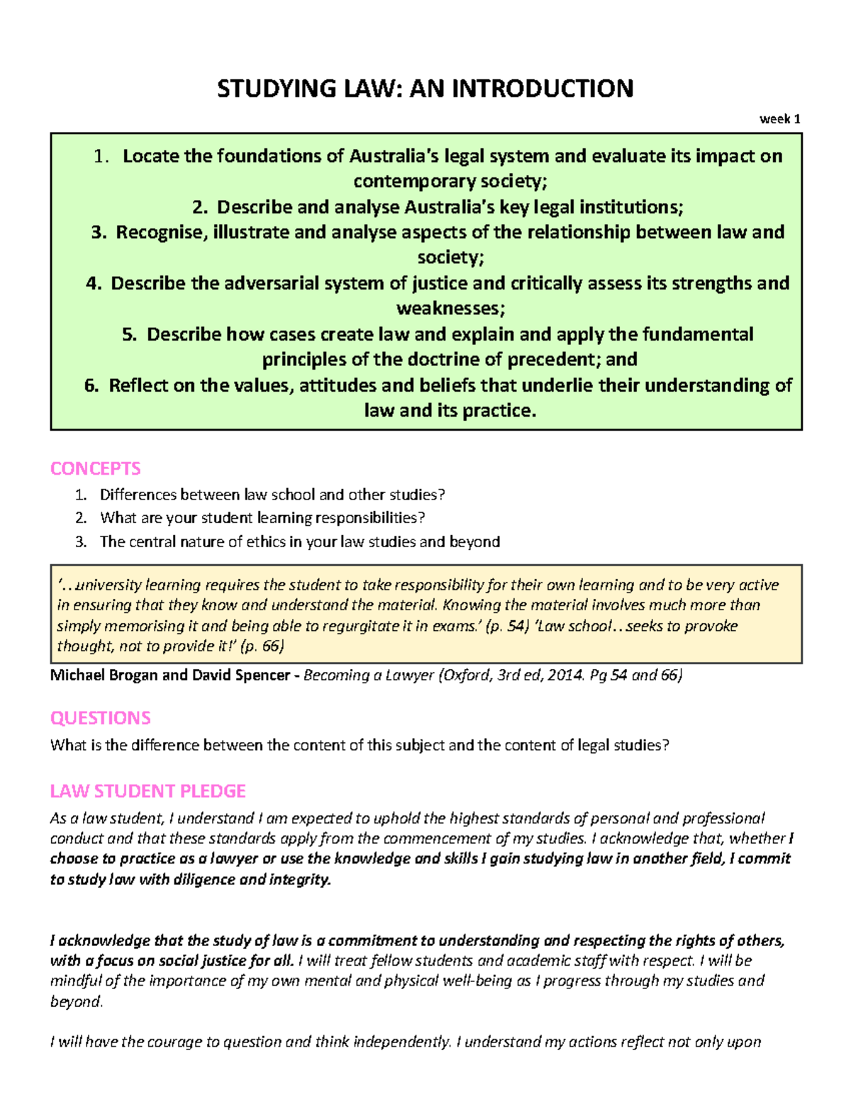 WEEK 1 - Foundations OF LAW - STUDYING LAW: AN INTRODUCTION week 1 1 ...