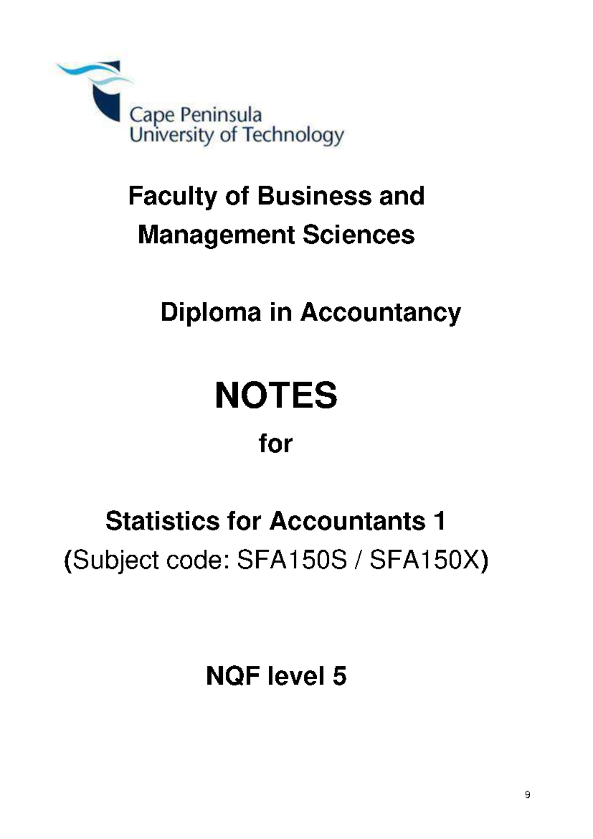 Stats1 students notes - STA150S - Faculty of Business and Management ...