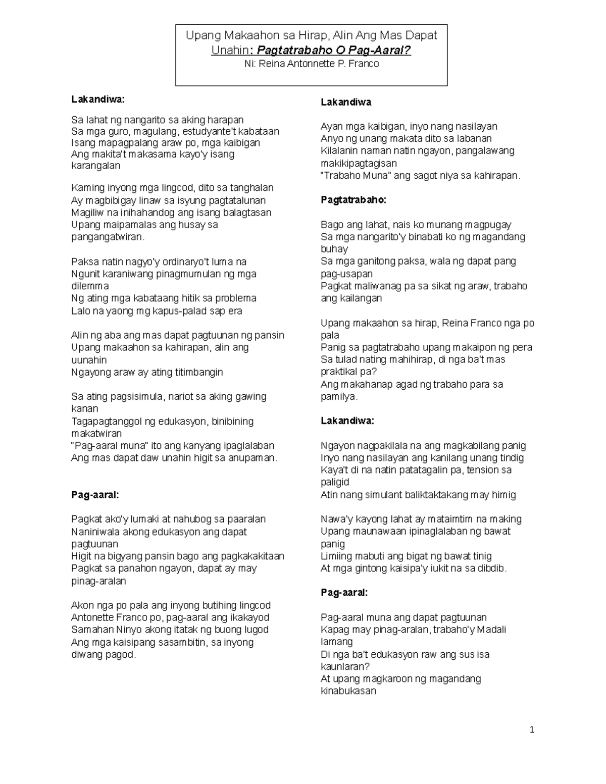 Balagtasan-2023-2024 - Lakandiwa: Sa lahat ng nangarito sa aking ...