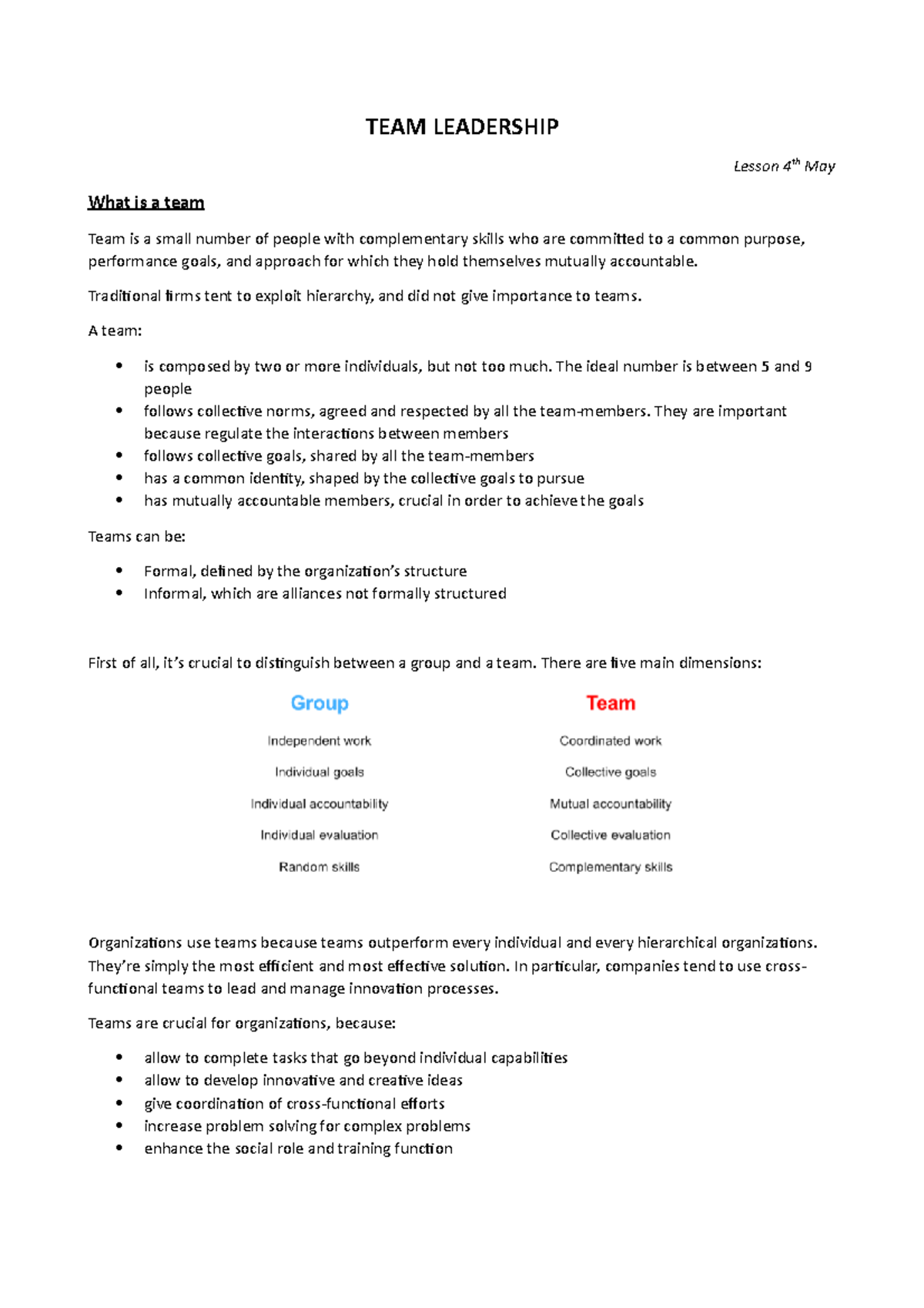4-TEAM Leadership - TEAM LEADERSHIP Lesson 4th May What is a team Team ...