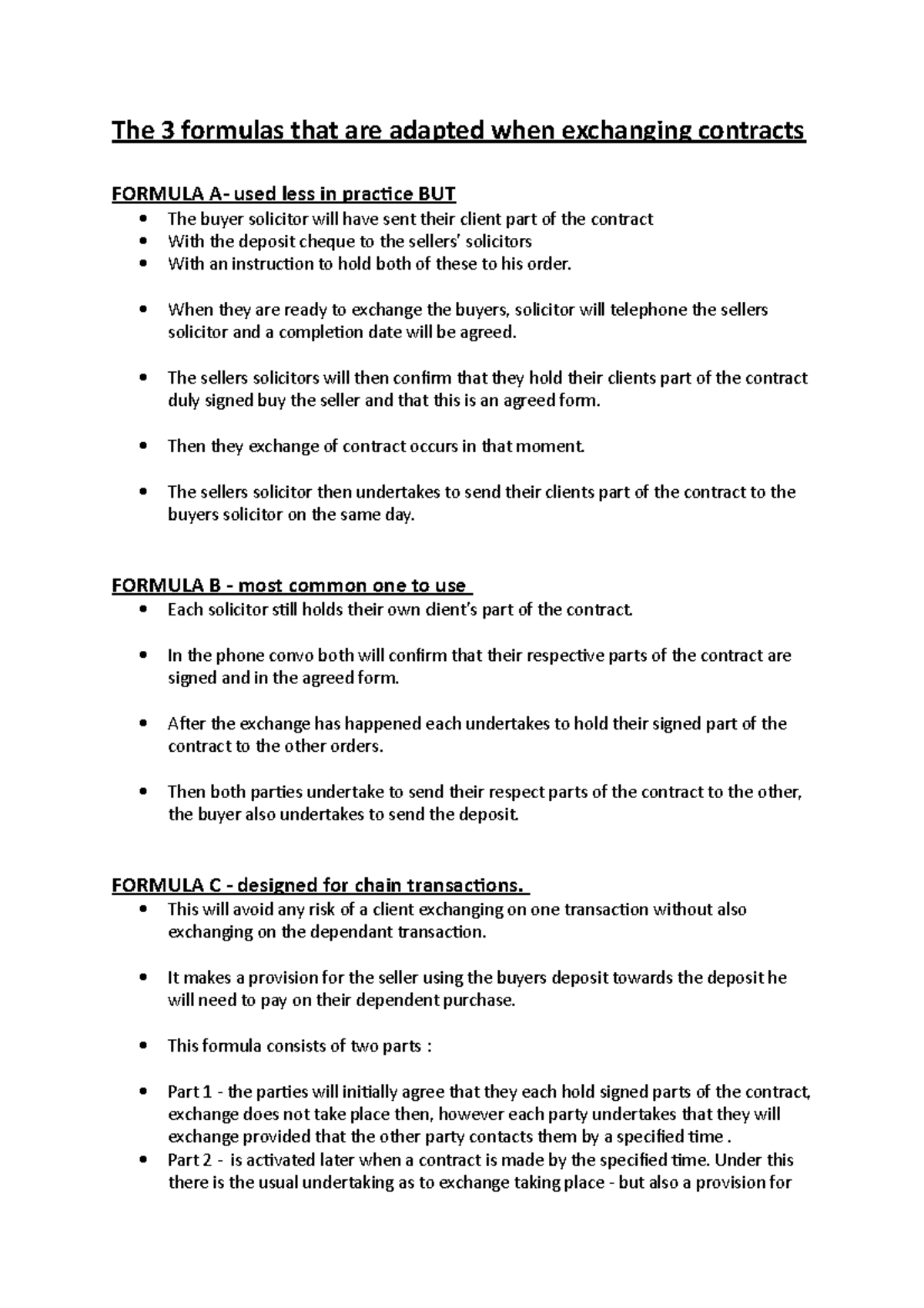 THE 3 Formulas in conveyancing - The 3 formulas that are adapted when exchanging contracts ...