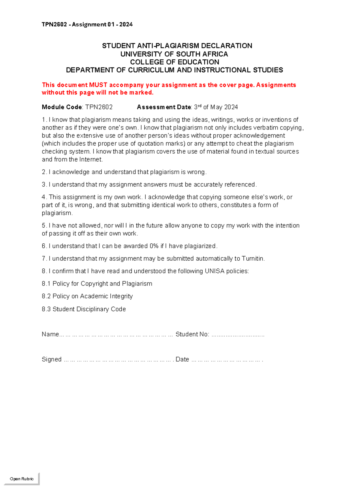Assignment 01 - TPN2602 - 2024 - STUDENT ANTI-PLAGIARISM DECLARATION ...