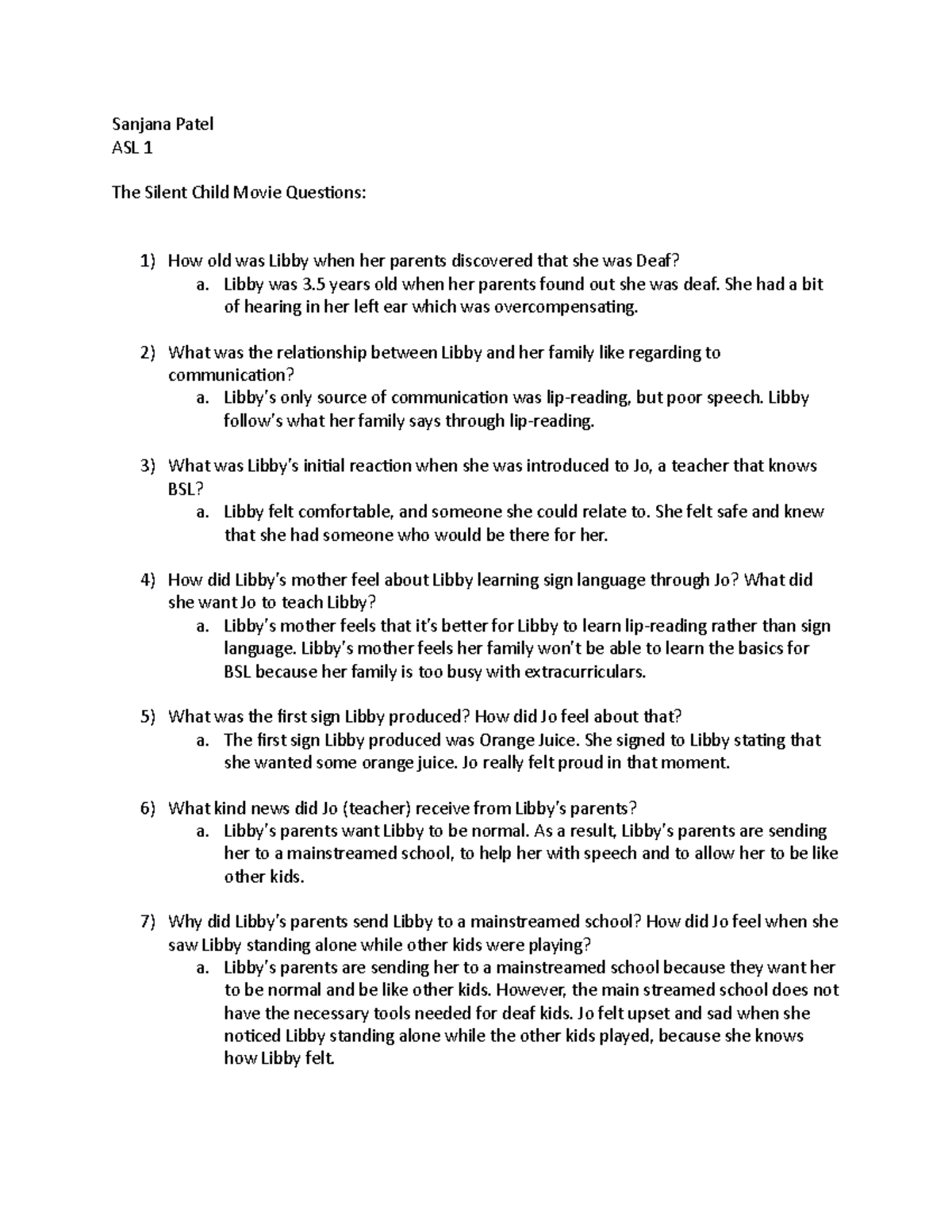 ASL The Silent Child Questions Answer - Sanjana Patel ASL 1 The Silent ...