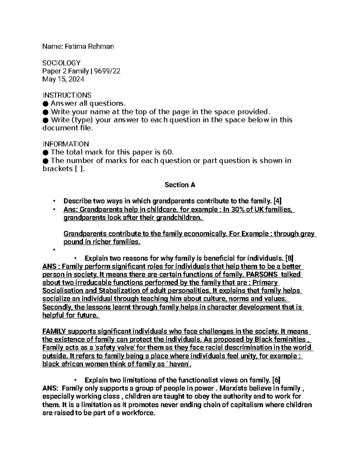 S1 Paper 2 ME - Name: Fatima Rehman SOCIOLOGY Paper 2 Family | 9699 ...